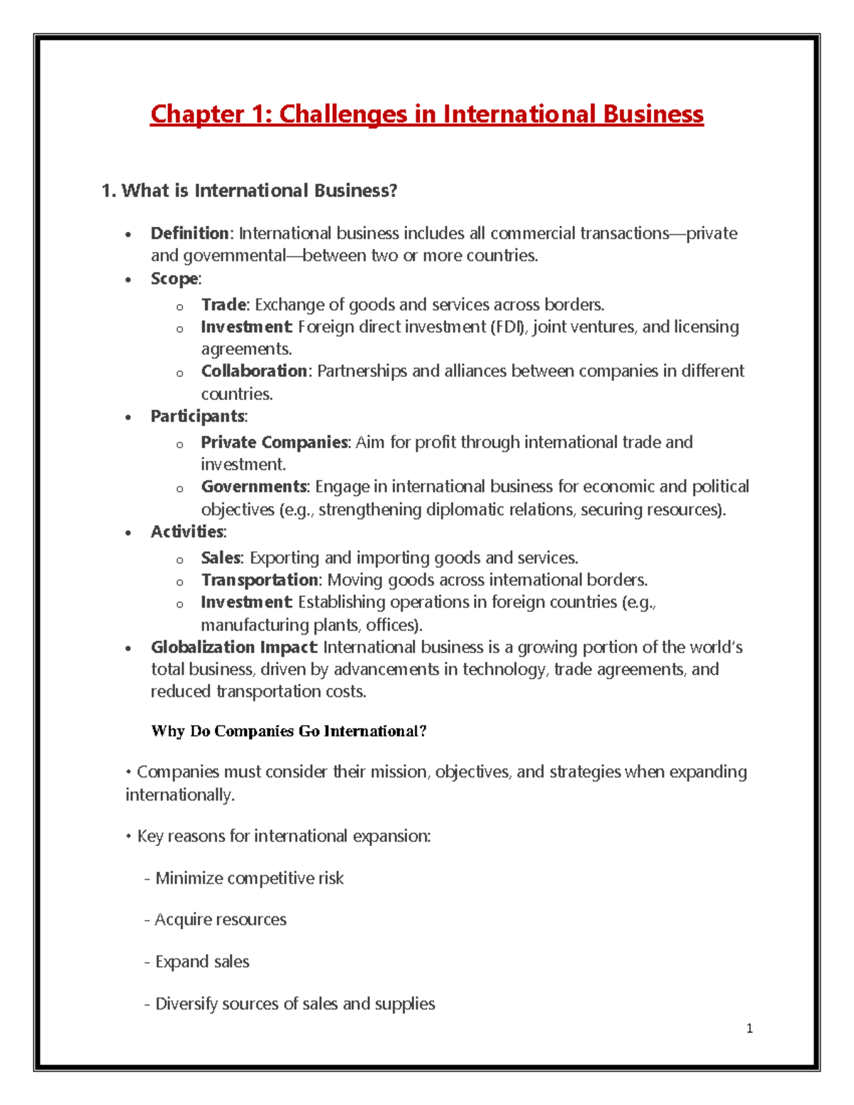 IM Revision: Chapter 1 - Challenges in International Business - Studocu