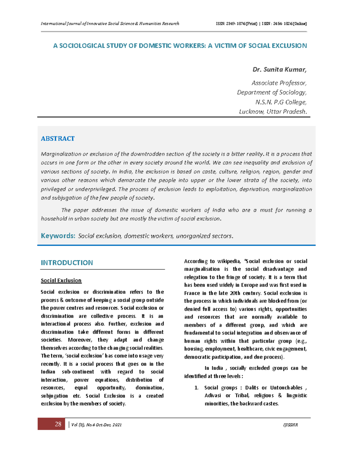 A SOCIOLOGICAL STUDY OF DOMESTIC WORKERS: SOCIAL EXCLUSION IN INDIA ...