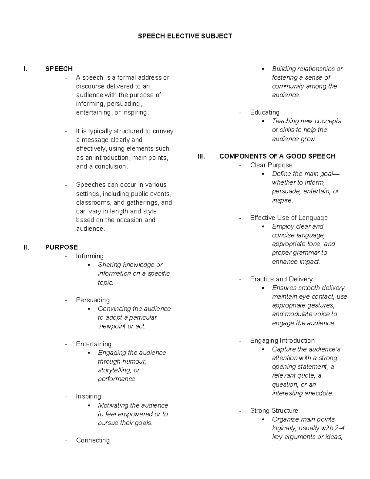 Speech Elective Subject Overview: Key Components & Purpose - Studocu