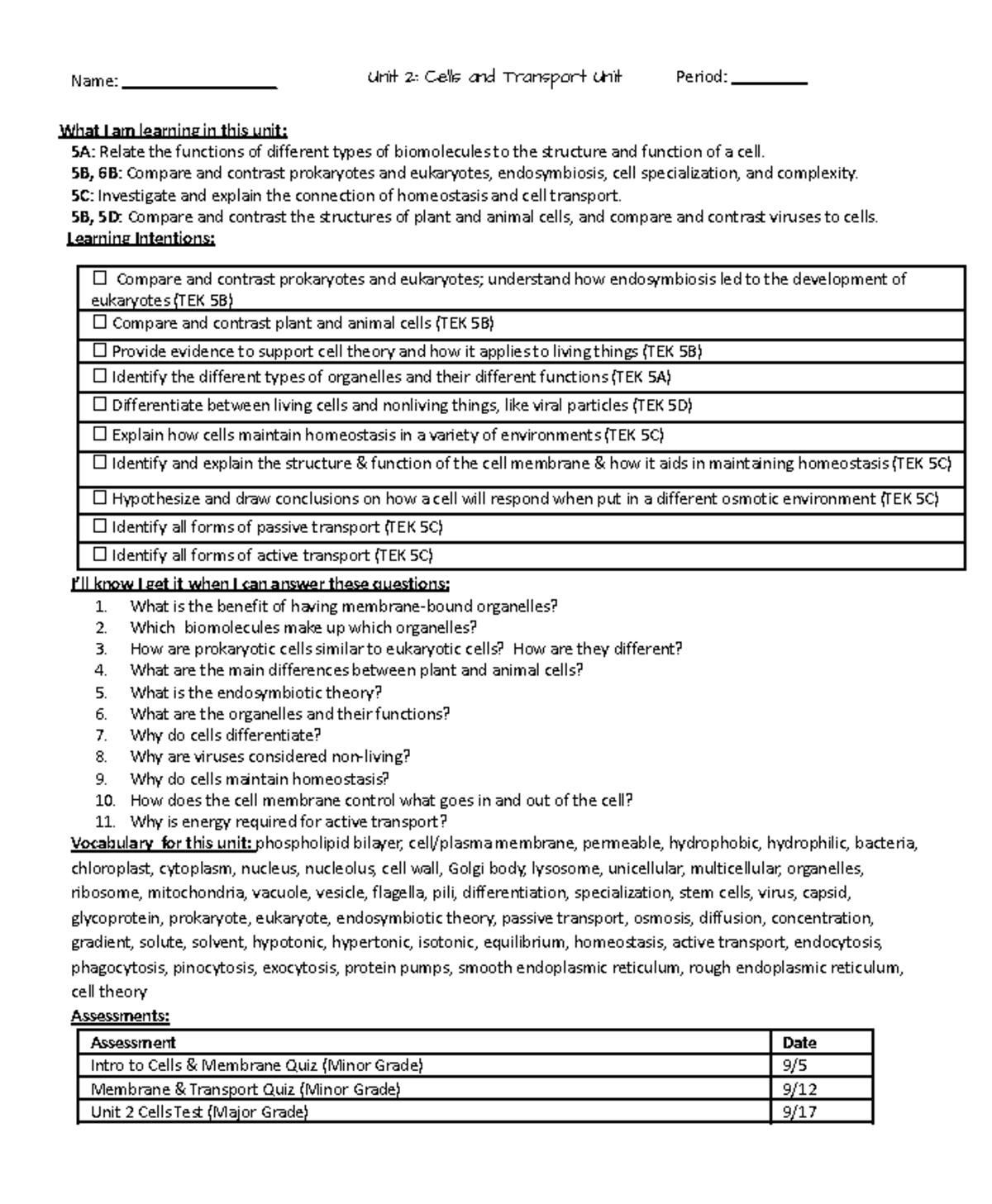 Unit 2: Cells & Transport - Learning Intentions & Assessments - Studocu
