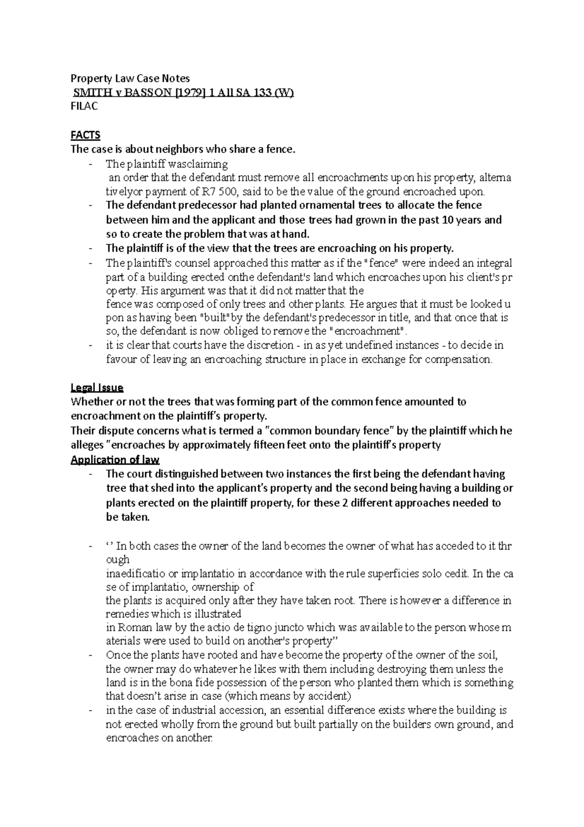 Property Law Case Notes - Property Law Case Notes SMITH v BASSON [1979 ...