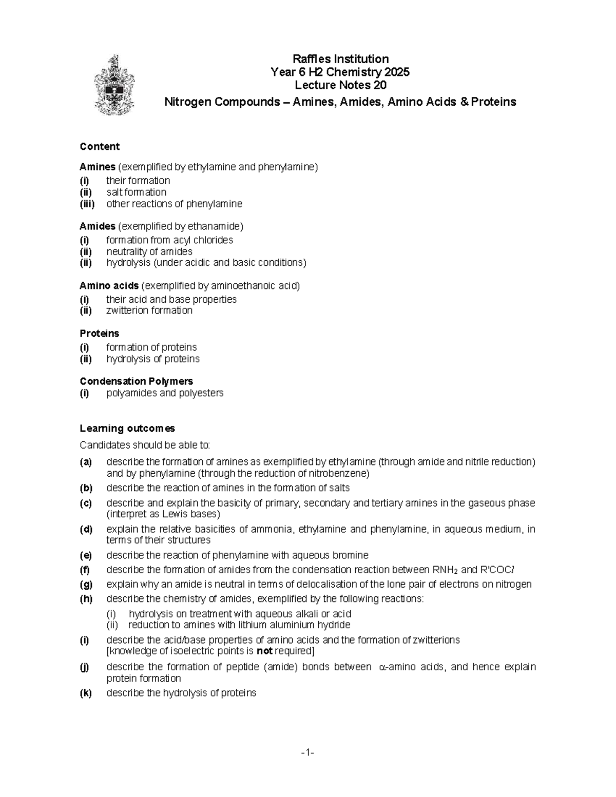 RI 2025 H2 Chemistry Lecture Notes: Nitrogen Compounds Overview - Studocu