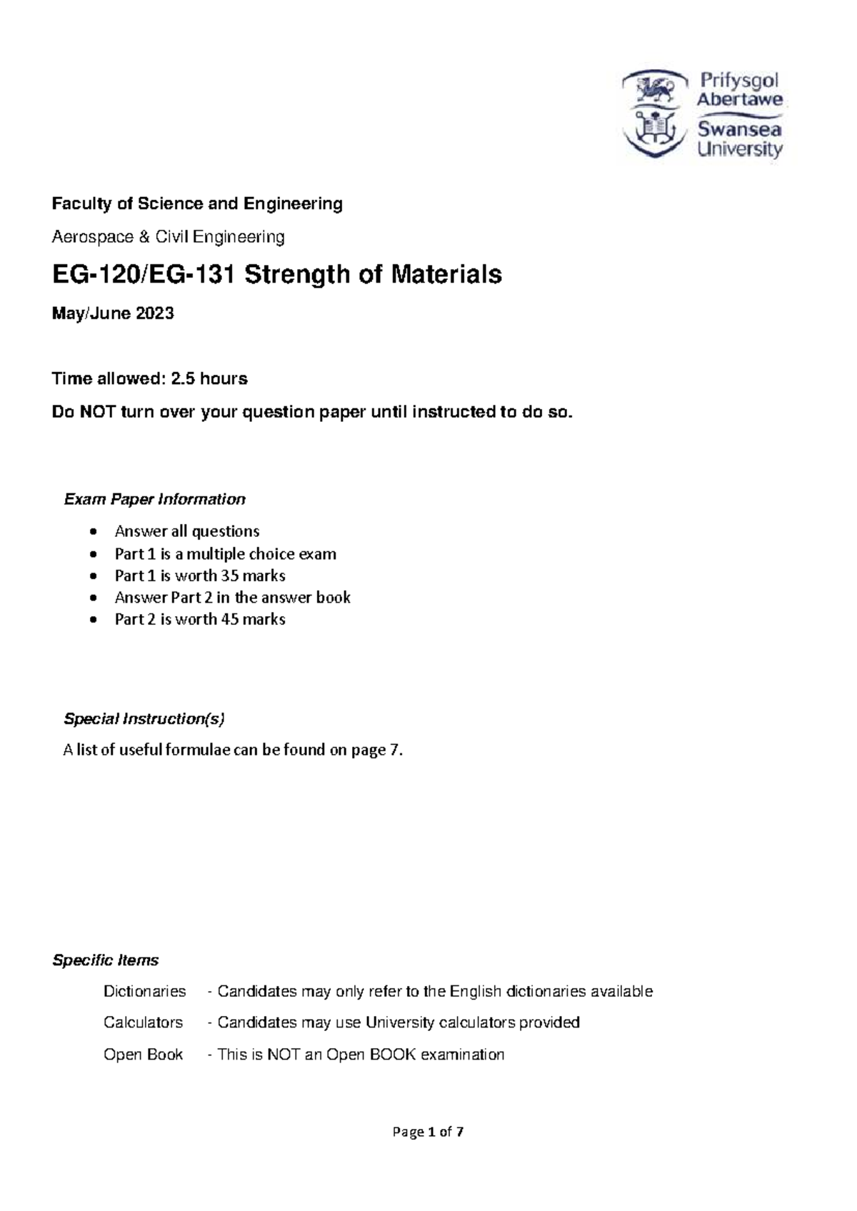 EG-120 EG-131 Strength of Materials Exam Paper - May 2023 - Studocu