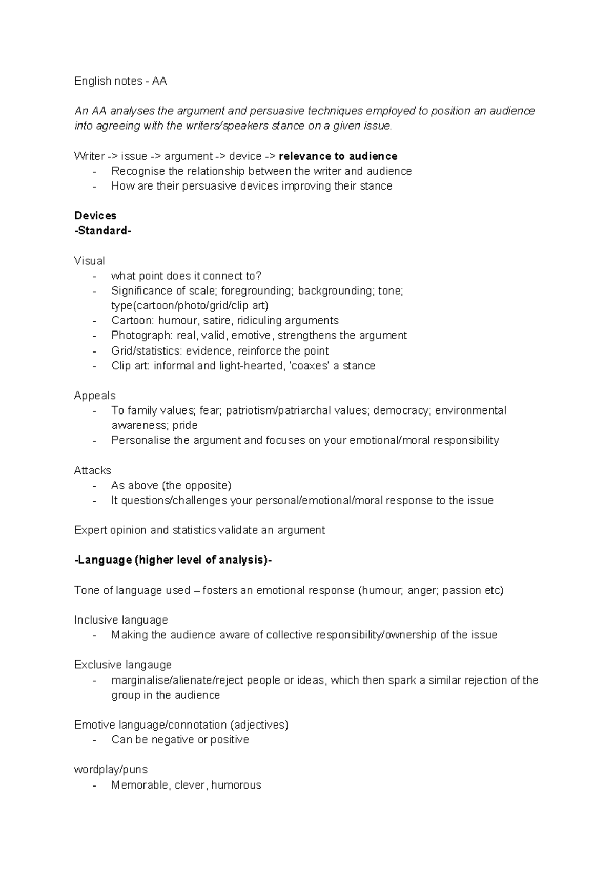 English Notes: AA Analysis of Persuasive Techniques and Devices - Studocu