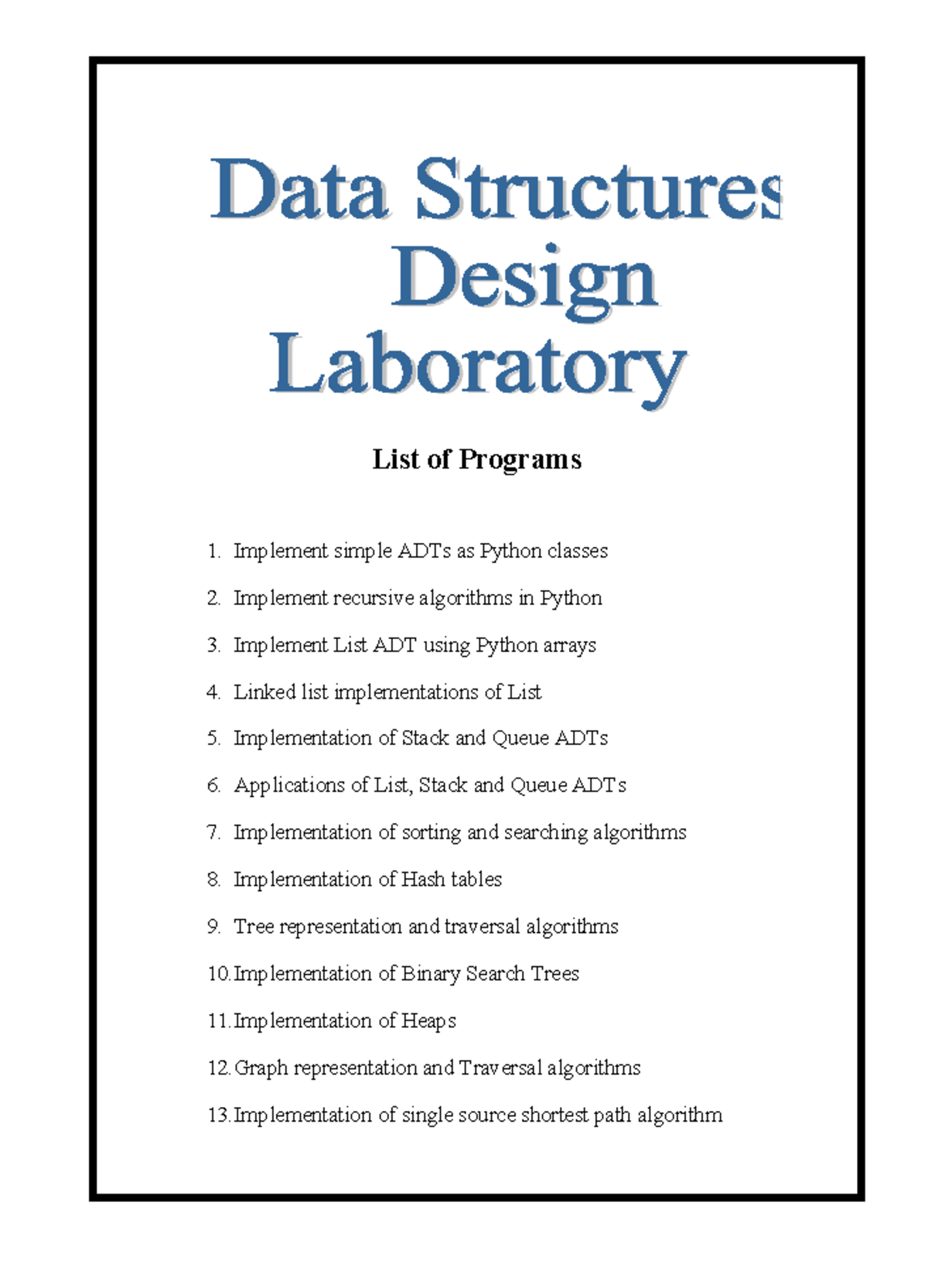 10- Data Structures Design Lab Manual: Python Implementation of ADTs - Studocu