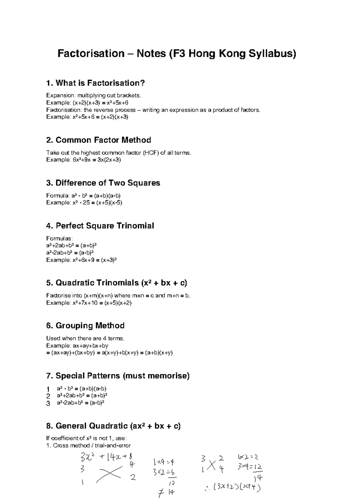 F3 Factorisation Notes: Methods and Examples for Chapter 3 - Studocu