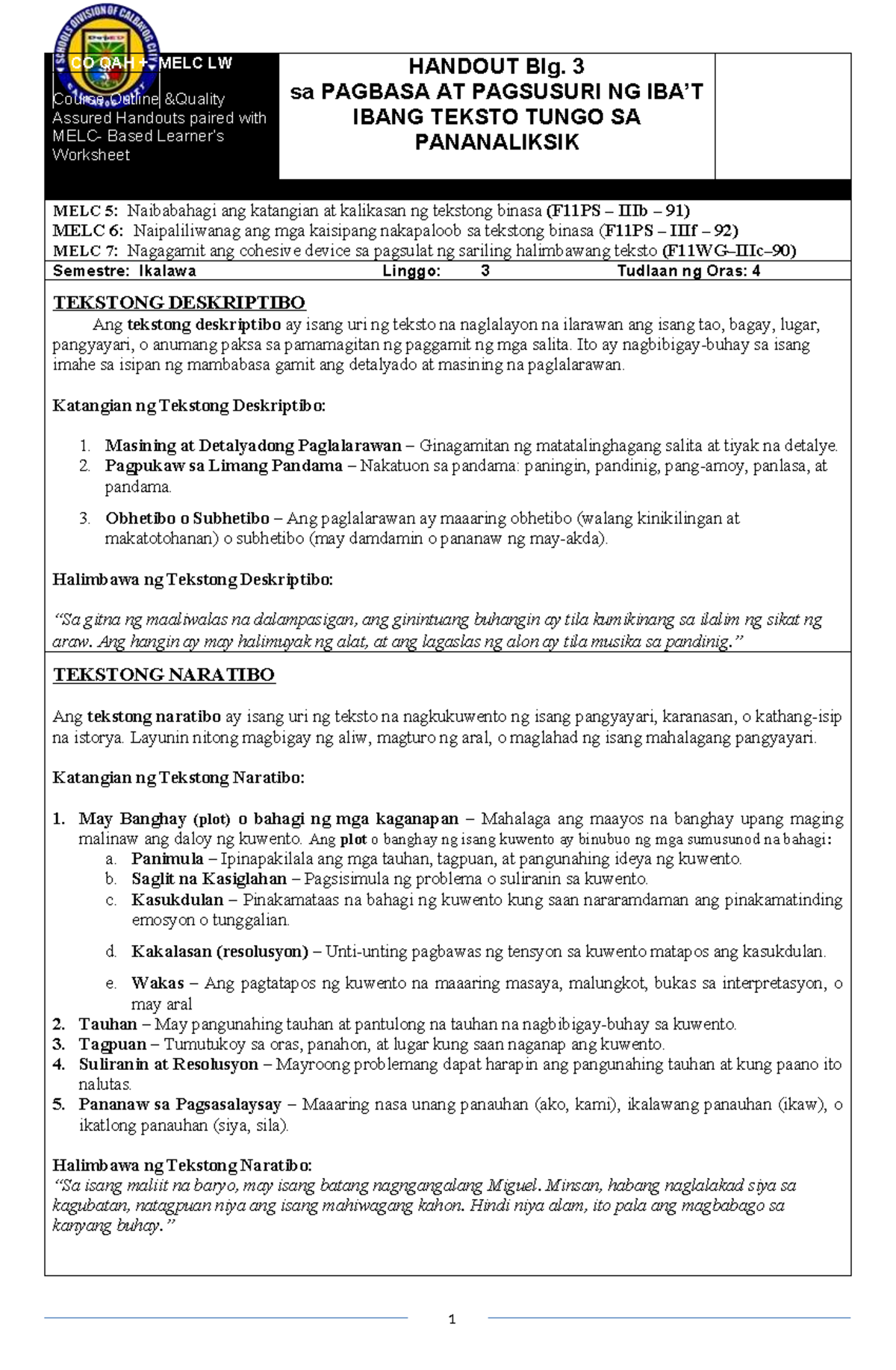 4th-Quarter lesson-3 Pagbasa - CO QAH + MELC LW HANDOUT Blg. 3 sa ...