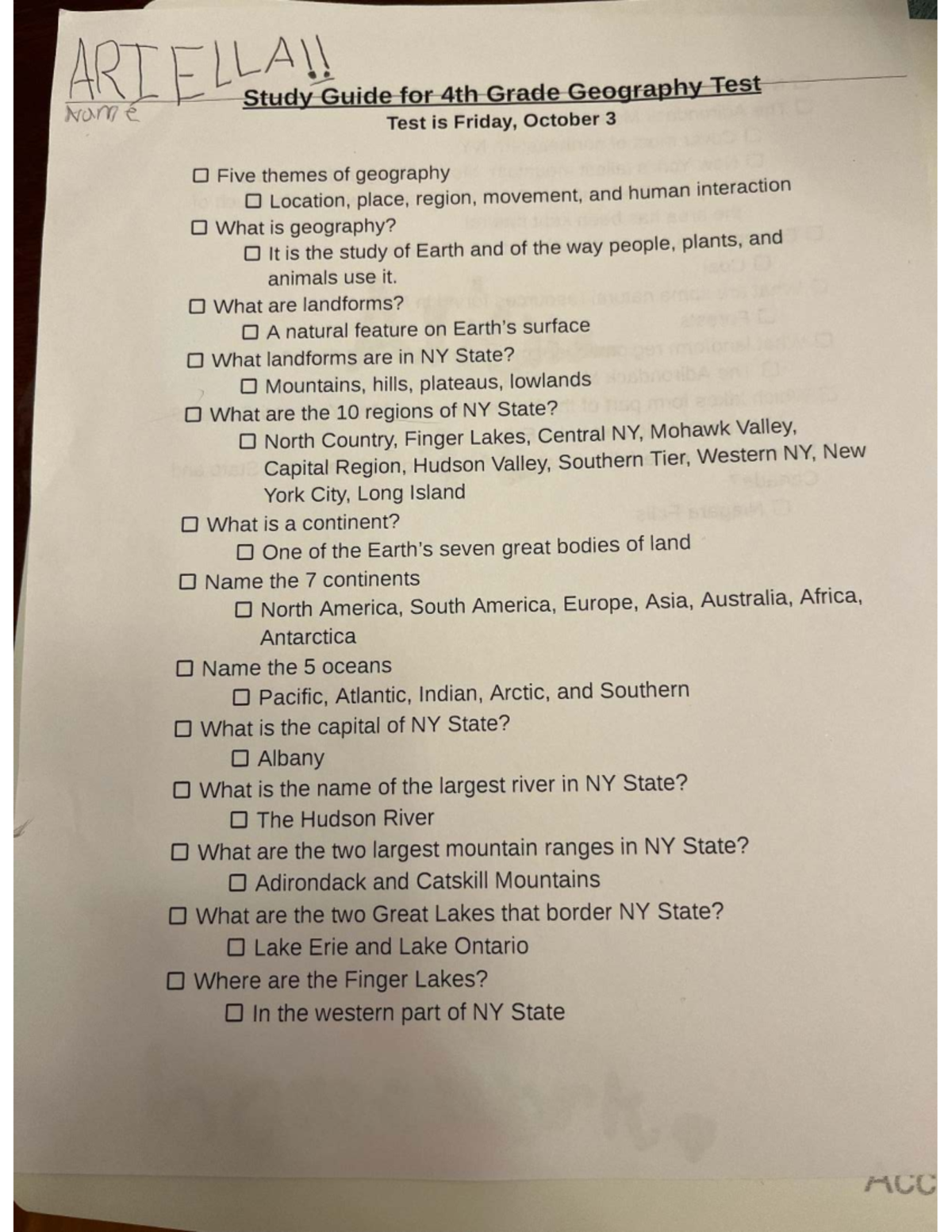 ARI RIELLA!! 4th Grade Geography Test Study Guide - ACC - Studocu