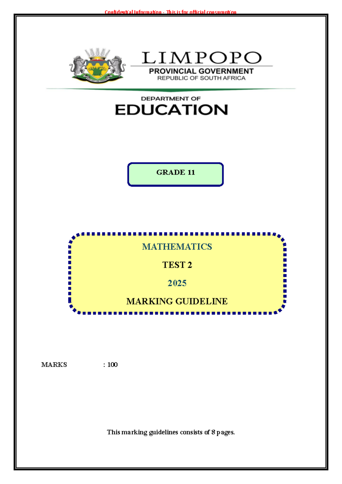 2025 GRADE 11 MATH TEST 2 MARKING GUIDELINE MEMO - Studocu