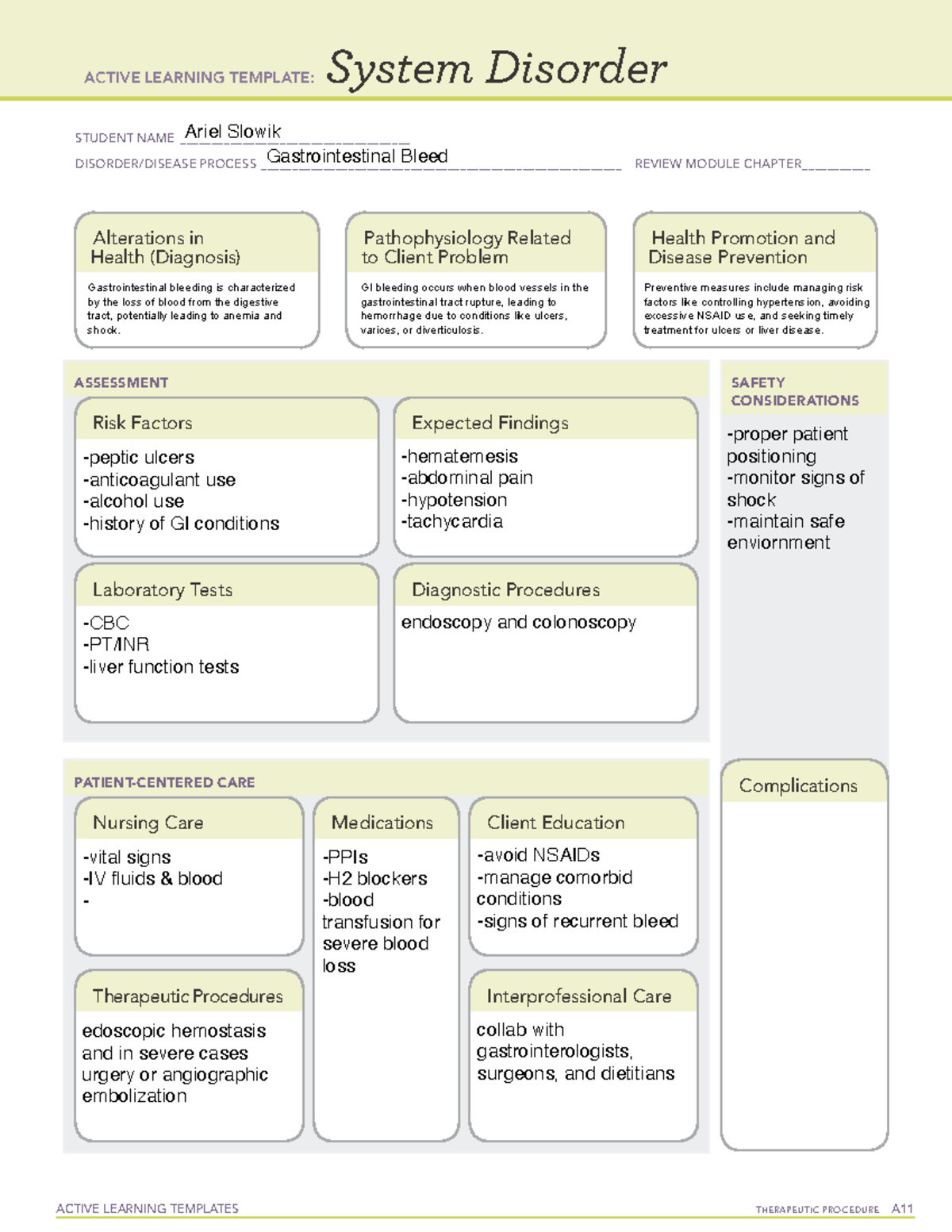 Gastrointestinal Bleed Assessment Template: Active Learning A - Studocu