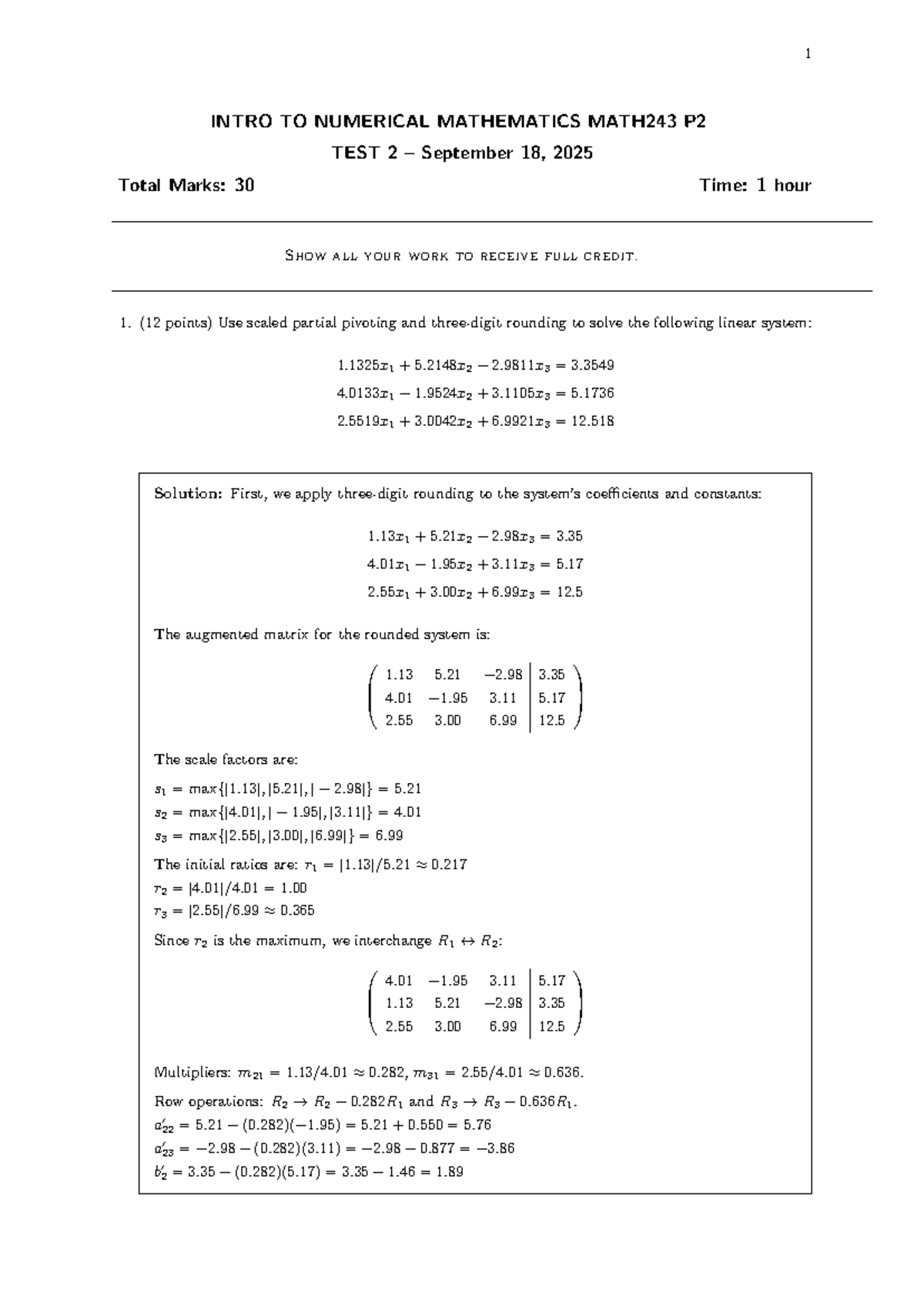 Math243-2025-Intro to Numerical Mathematics Test 2 Solutions - Studocu
