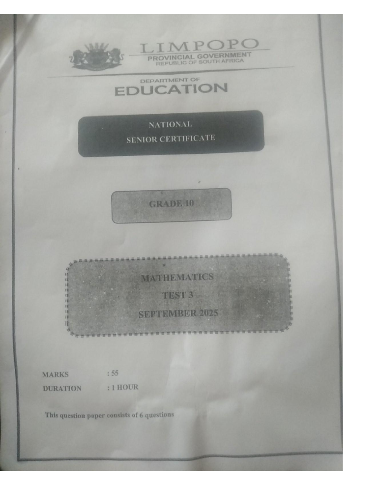 Grade 10 Mathematics Test 3 (Term 3) - September 2025 - Studocu