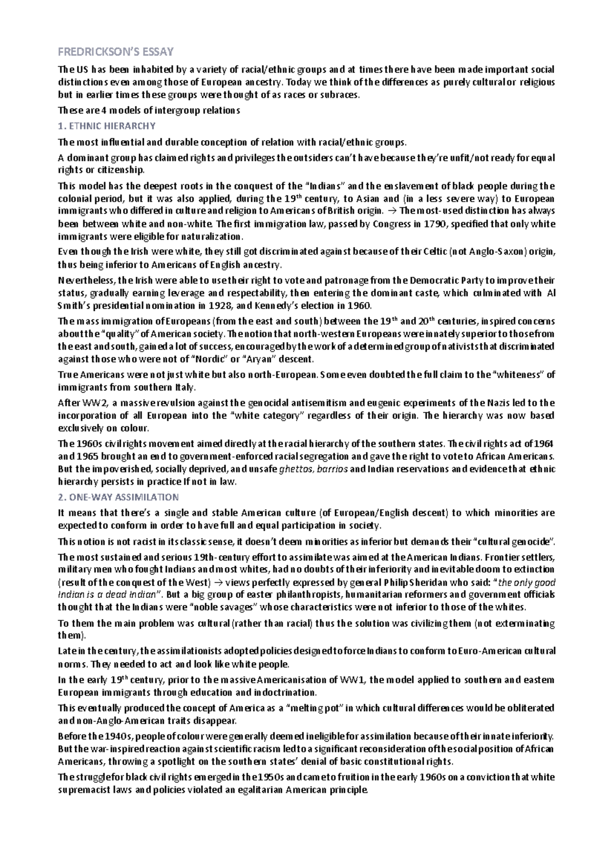 ESSAY Summary of Frederickson's Models of Intergroup Relations - Studocu