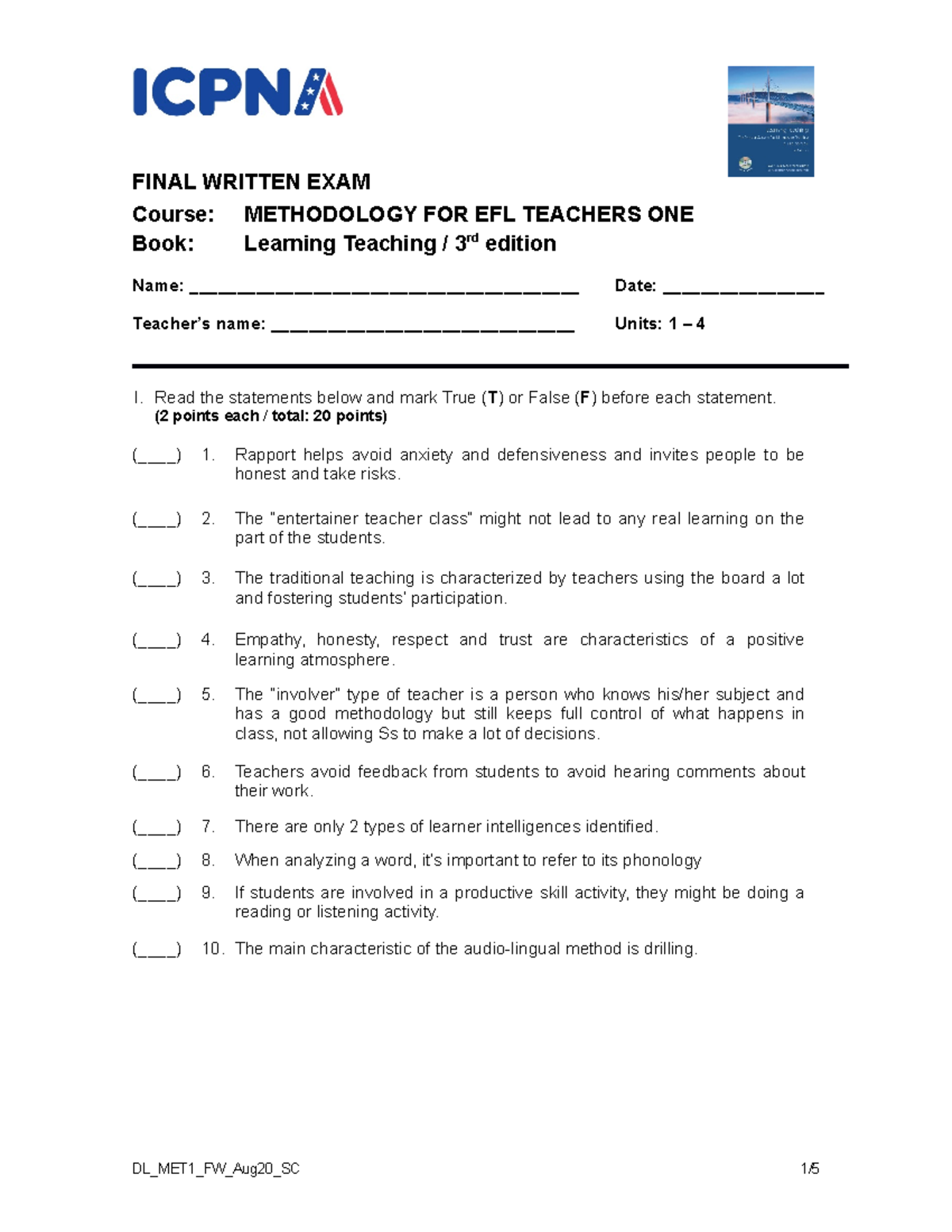Final Exam: Methodology for EFL Teachers 1 - ICPNA - Studocu