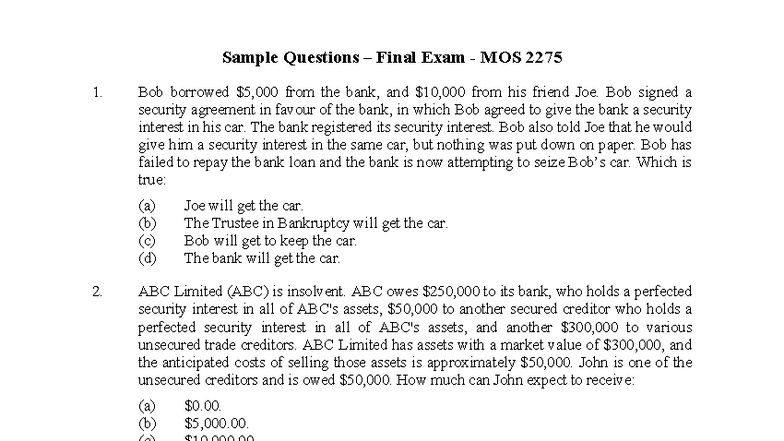 Sample Questions for Final Exam - MOS 2275 - Studocu