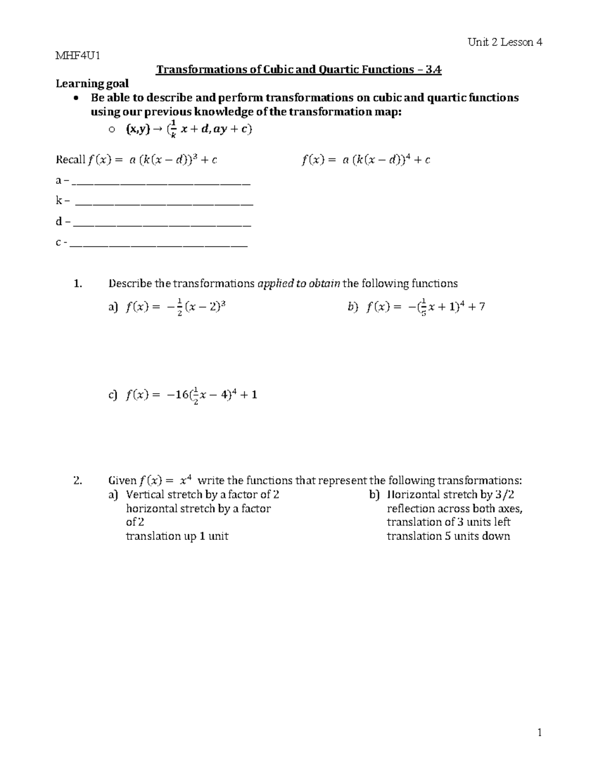 Unit 2 Lesson 4 MHF4U1 Transformations of Cubic & Quartic Functions ...