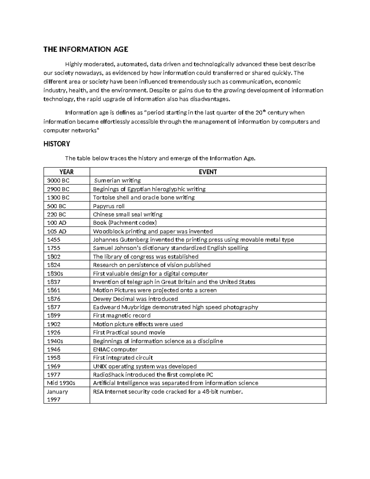 The Information Age: Evolution, Impact, and Technology Insights - Studocu