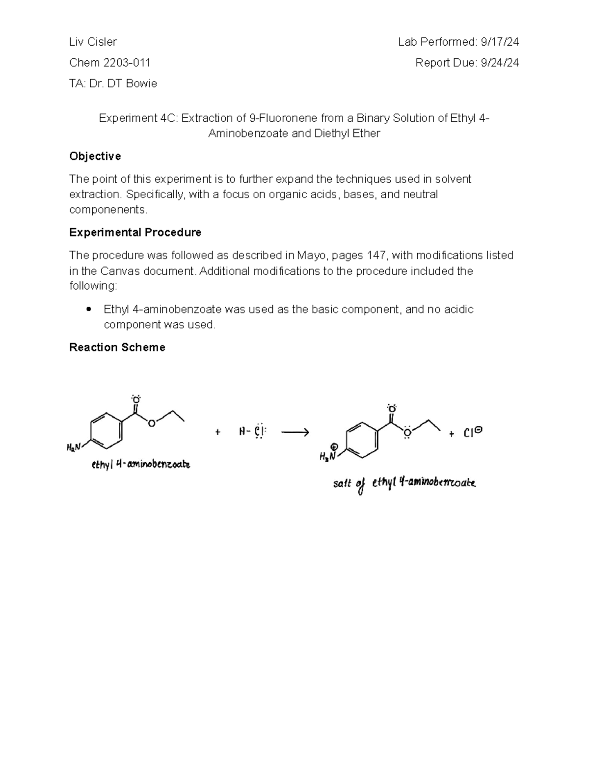 Cisler CHEM2203 Lab Report III: Experiment 4C - Solvent Extraction - Studocu