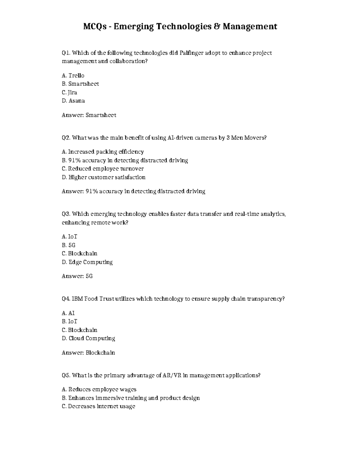 MCQs on Emerging Technologies Management - Chapters 1 & 2 - Studocu