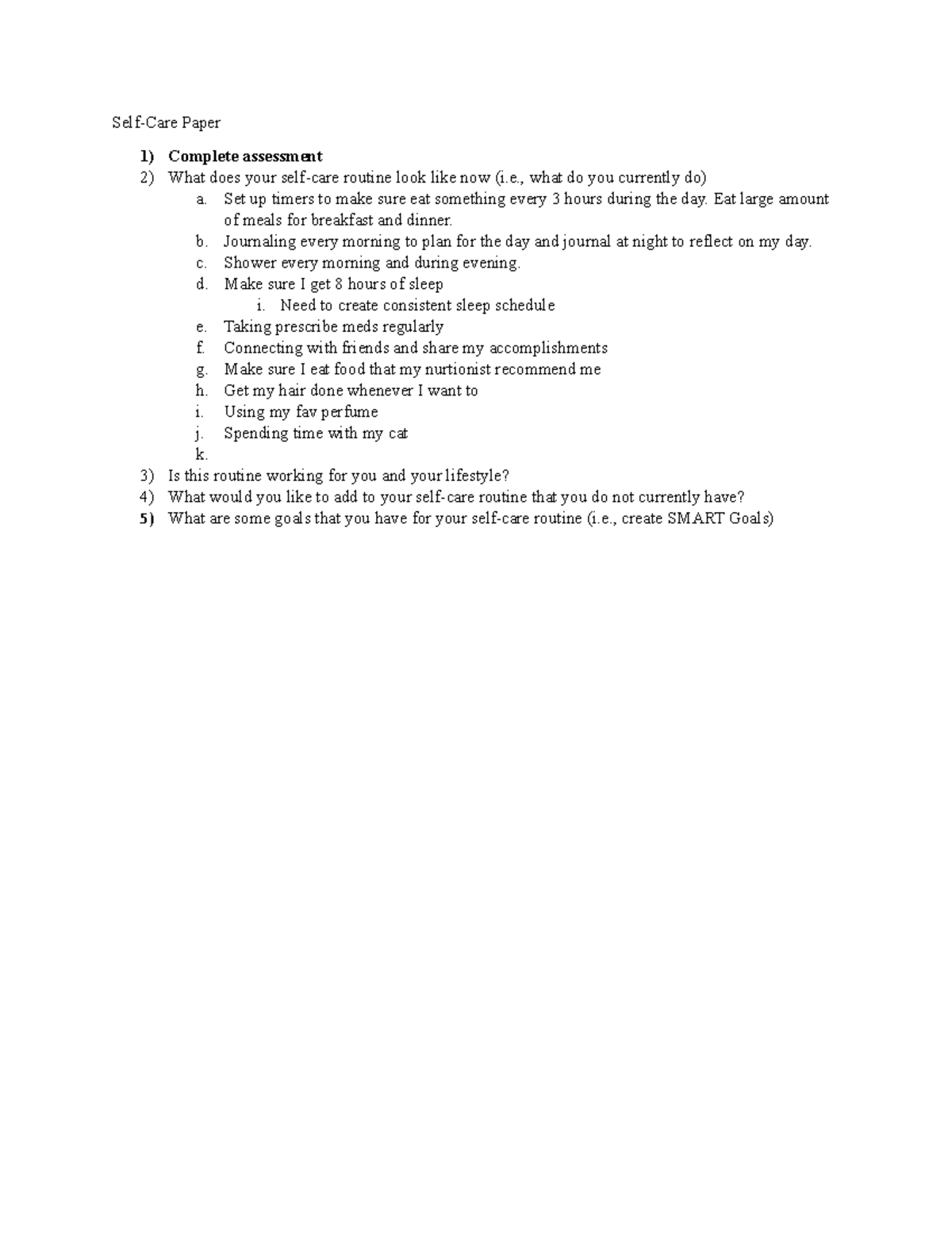 Self-Care Plan Paper 10182020 - Self-Care Paper 1) Complete assessment ...