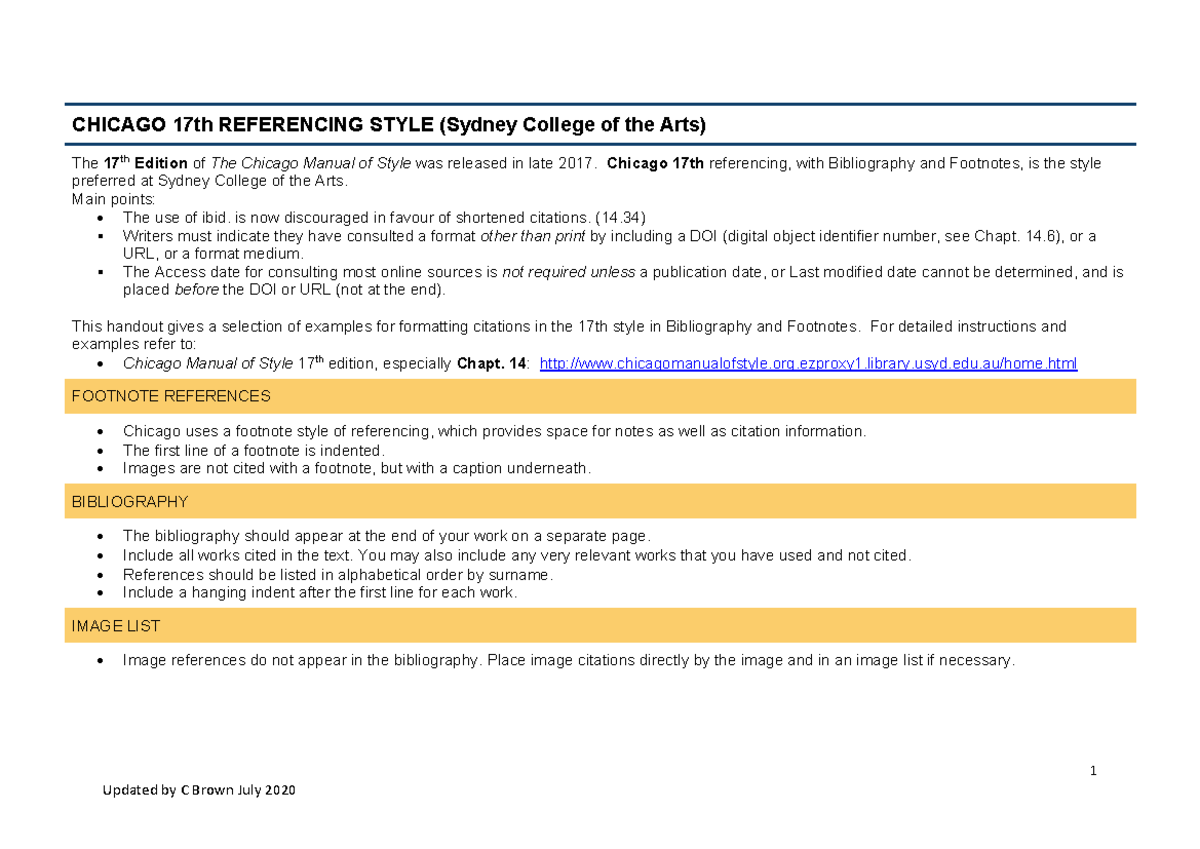 2020 Chicago 17th SCA guide - 1 CHICAGO 17th REFERENCING STYLE (Sydney College of the Arts) The ...