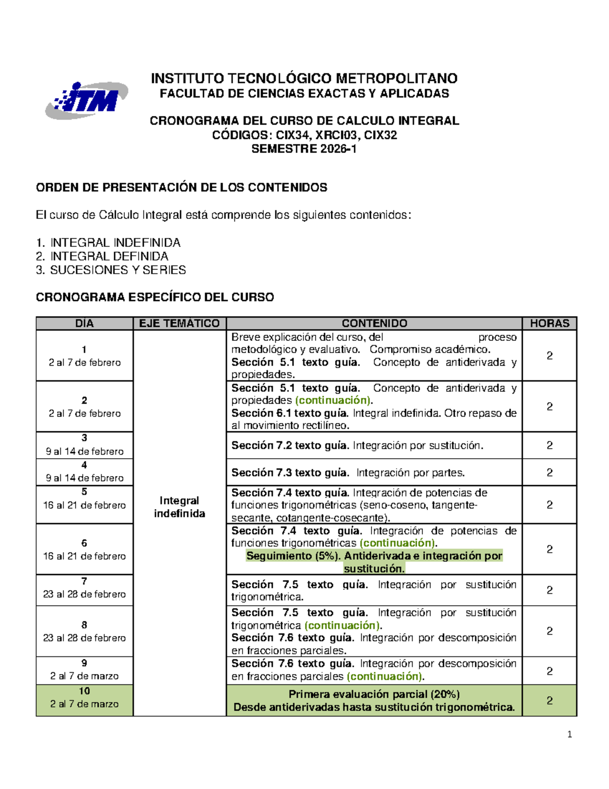 Cronograma del Curso de Cálculo Integral CIX34, XRCI03, CIX32 2026 ...