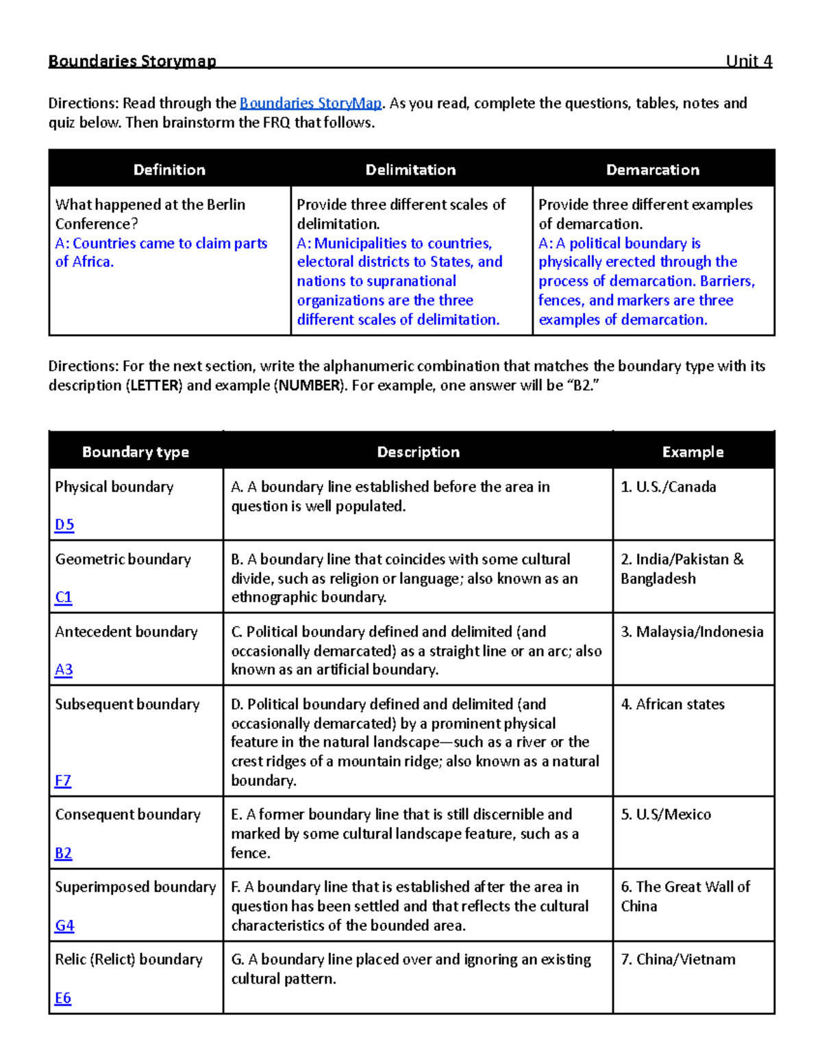 APHG Unit 4: Boundaries StoryMap Worksheet & FRQ Guide - Studocu
