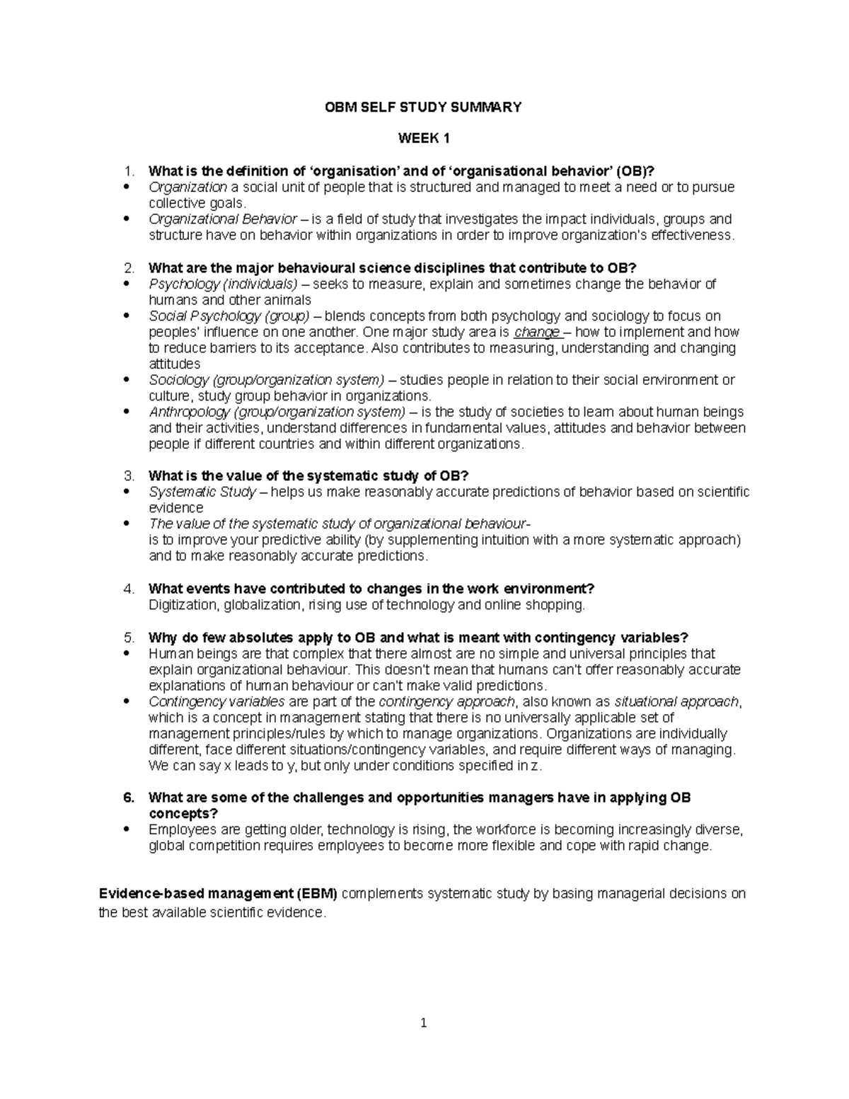 Summary of self study questions - OBM SELF STUDY SUMMARY WEEK 1 What is ...