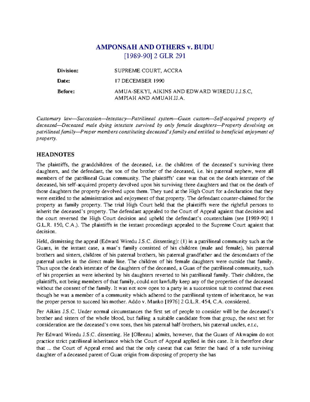 AMPONSAH AND OTHERS v. BUDU: Supreme Court Ruling on Intestate ...