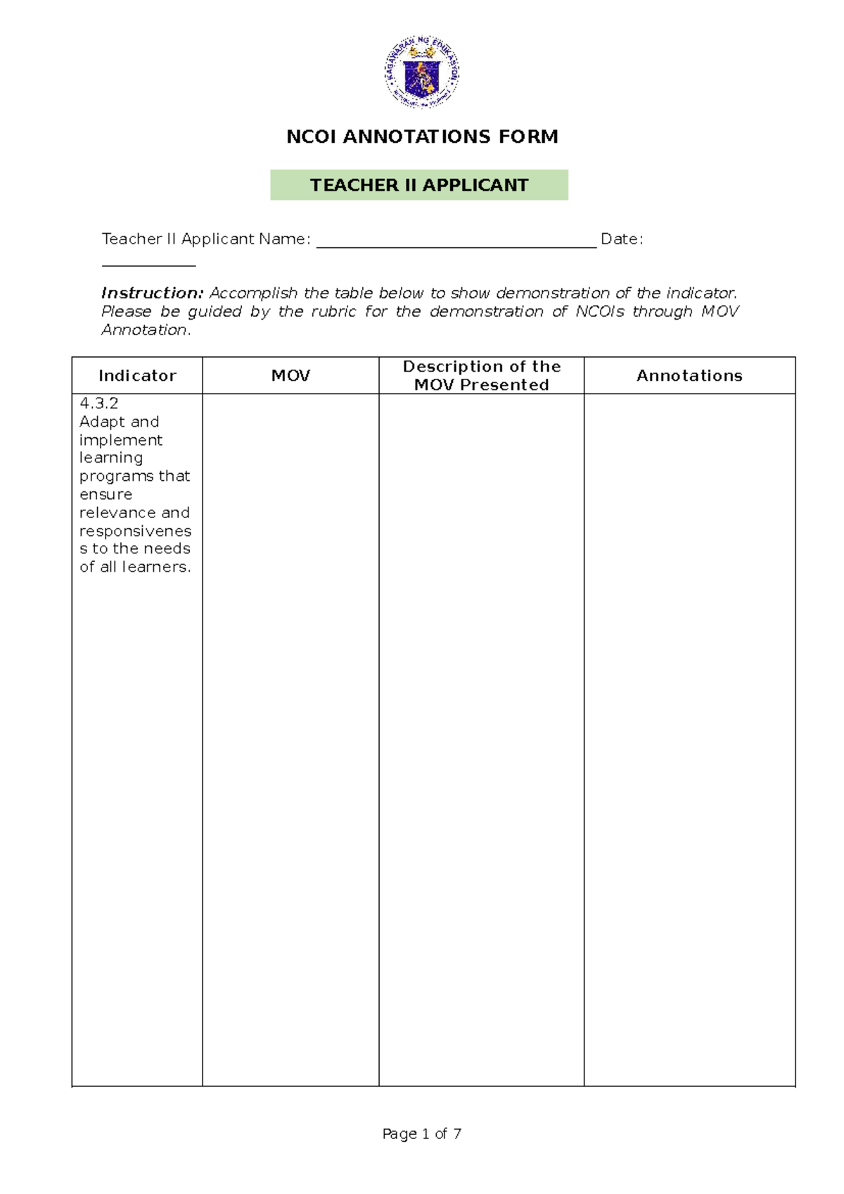 NCOI Annotations Form for Teacher II Applicant Evaluation - Studocu