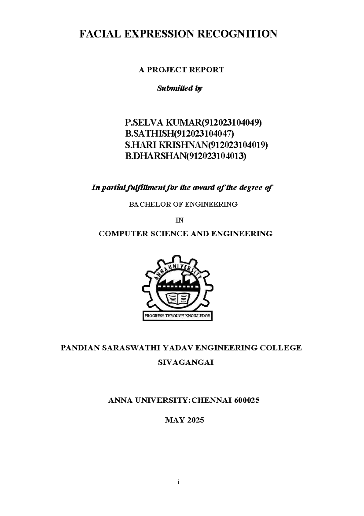 FACIAL EXPRESSION RECOGNITION PROJECT REPORT - B.E. CSE - Studocu
