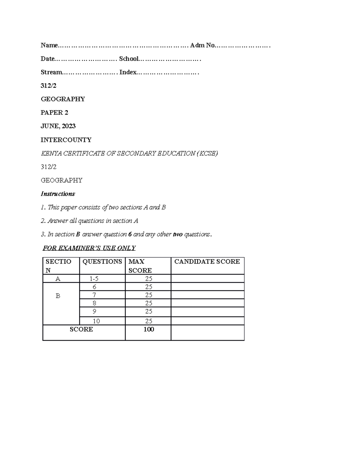 KCSE Geography Paper 2 Exam - June 2023 (Inter 2) - Studocu