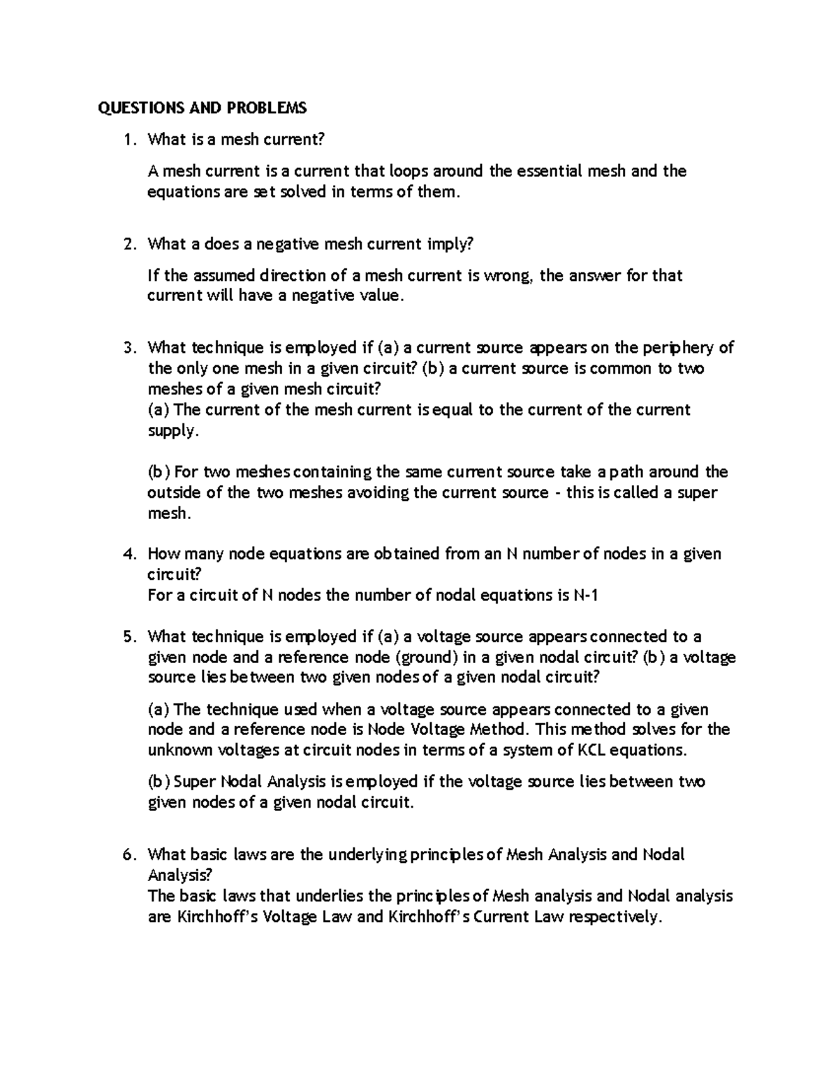 Mesh and Nodal Analysis Questions - EE101 Study Guide - Studocu