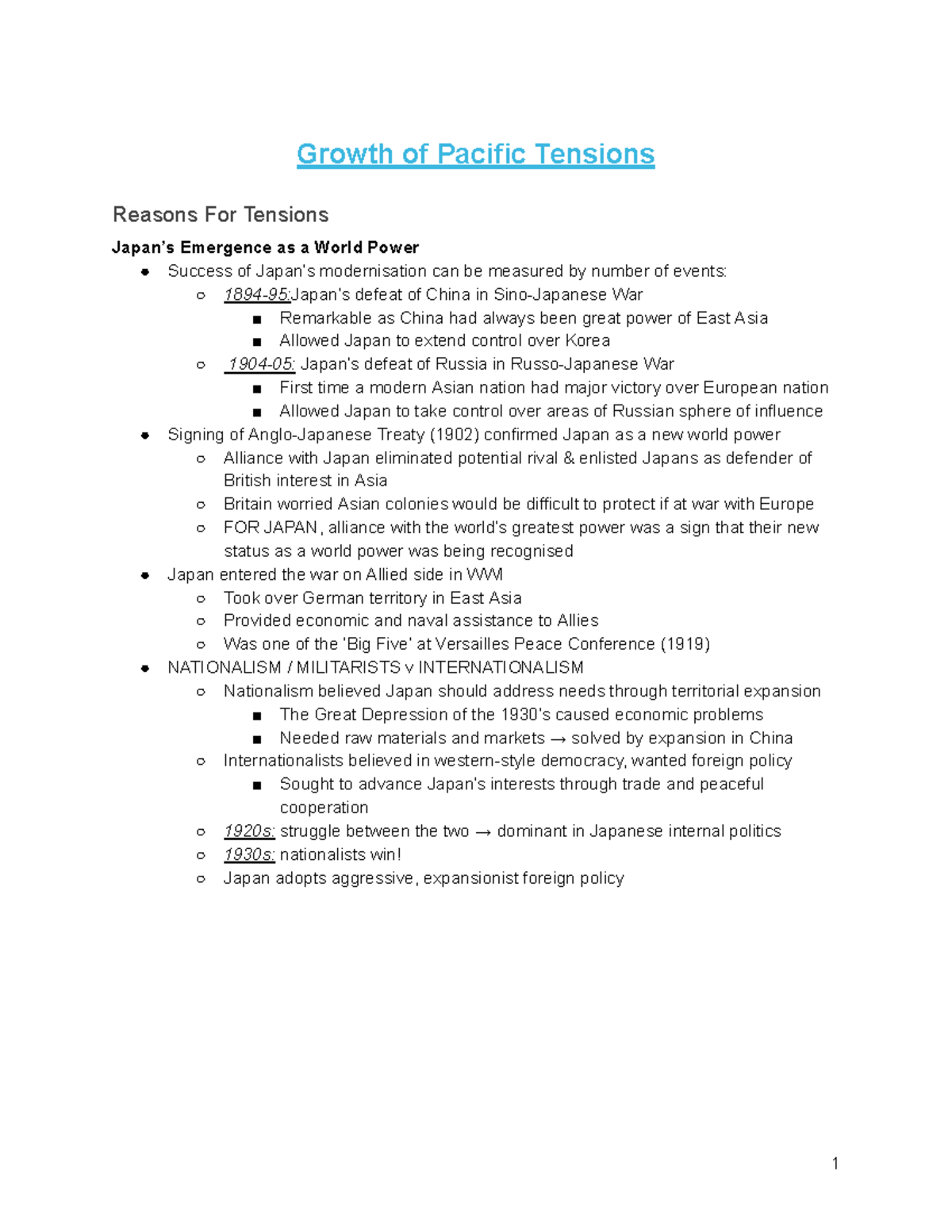 Conflict IN THE Pacific Notes - Growth of Pacific Tensions Reasons For ...