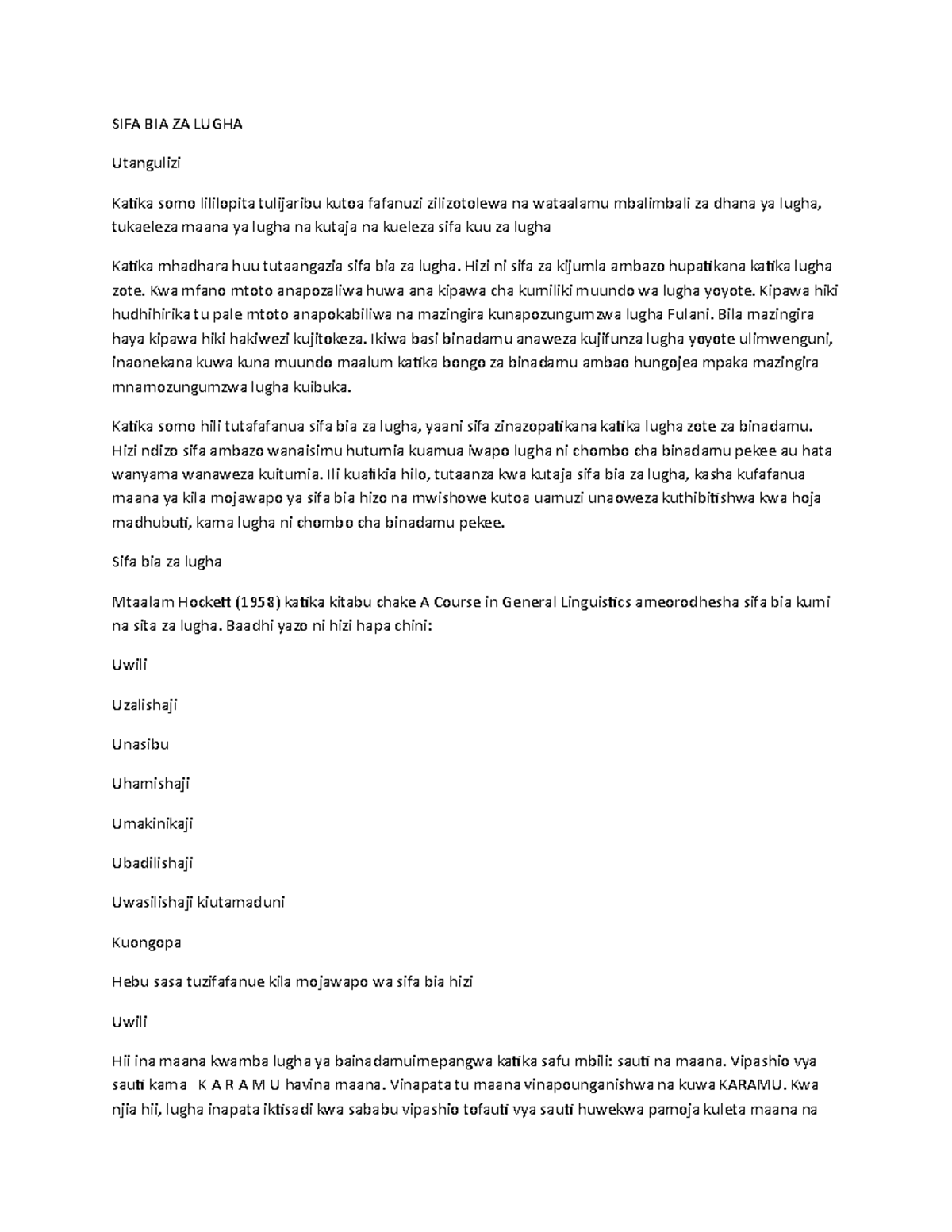 SIFA BIA ZA LUGHA: Fafanua Sifa Kuu za Lugha za Binadamu - Studocu