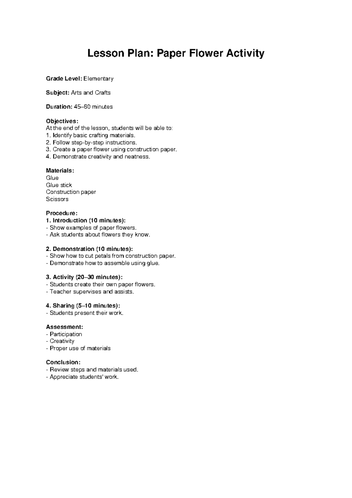 Elementary Arts & Crafts Lesson Plan: Paper Flower Activity - Studocu