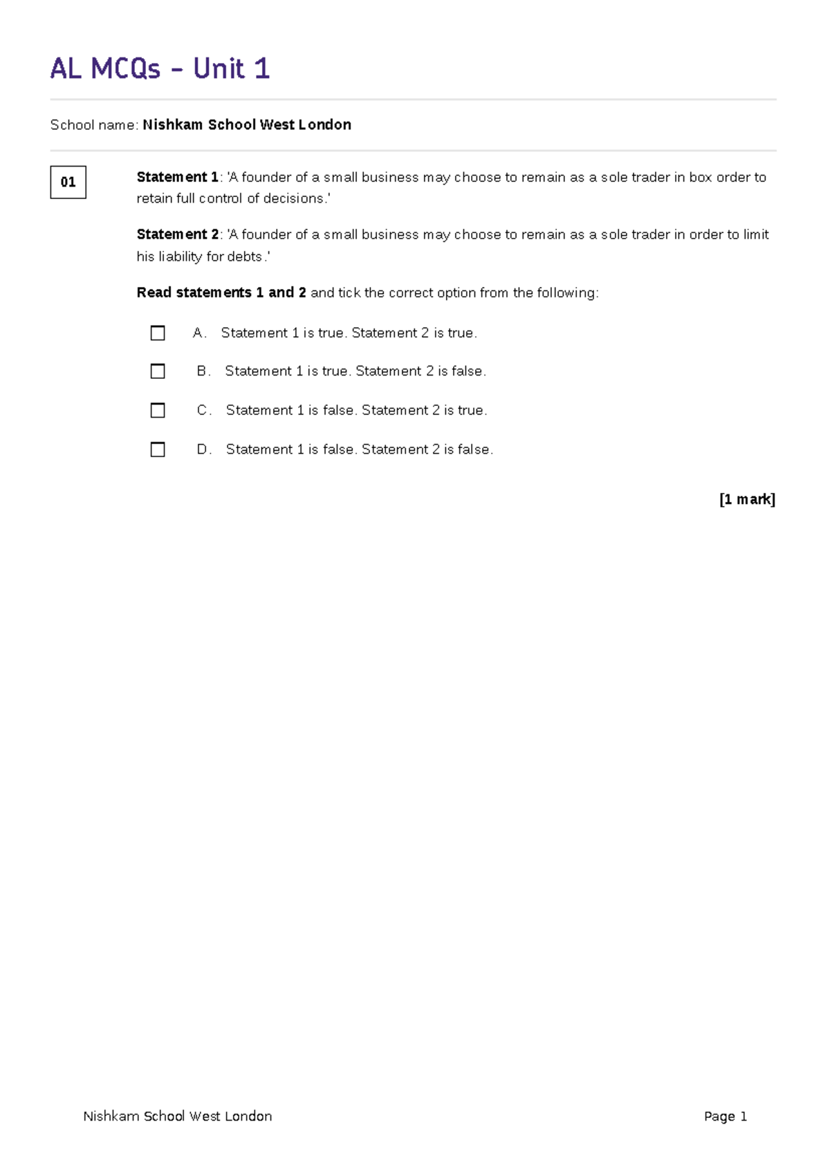 AL MCQs - Unit 1 - Business A-Level MCQS Unit 1 - AL MCQs - Unit 1 ...