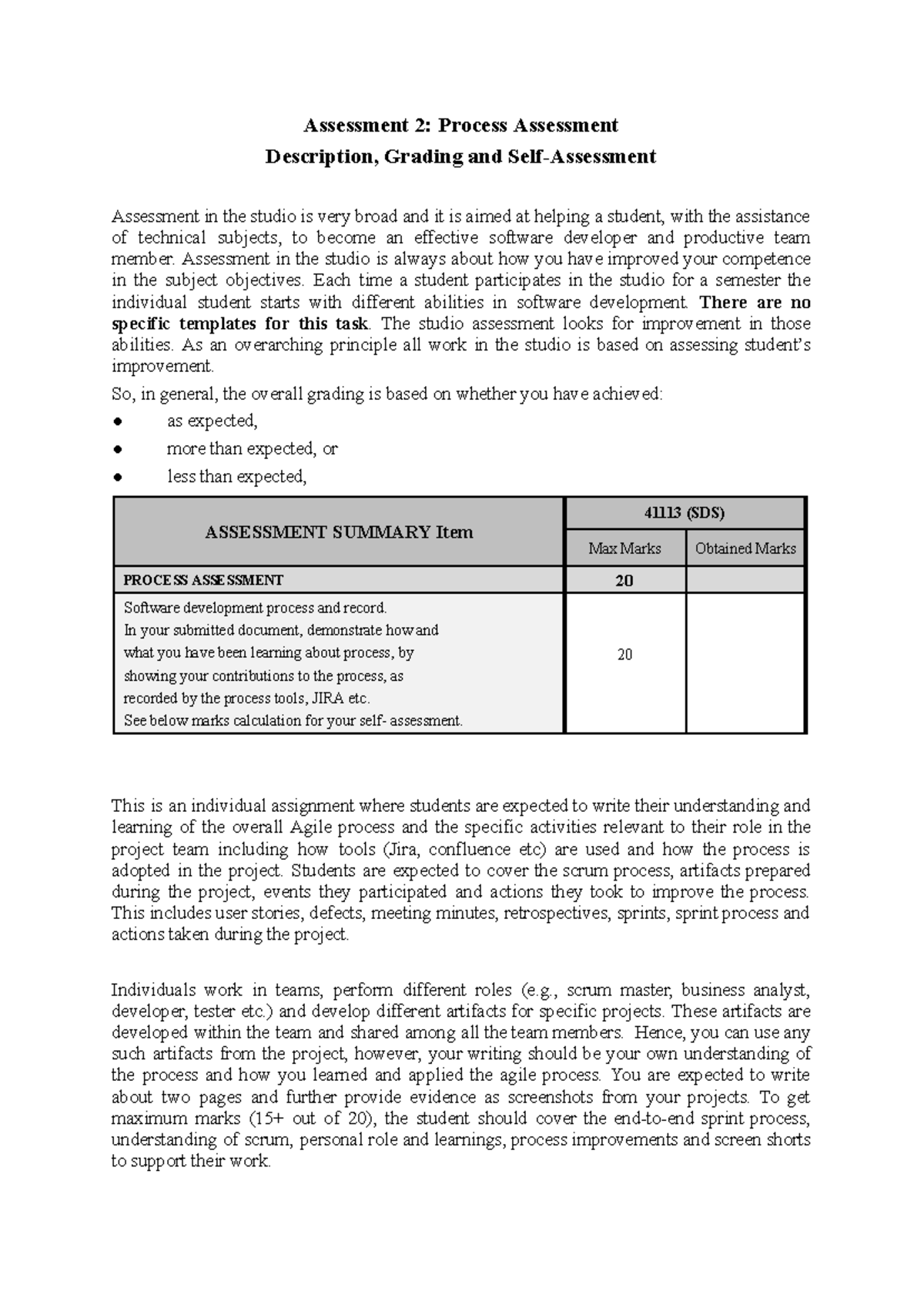 Assignment 2: Process Assessment & Self-Evaluation (41113 SDS) - Studocu
