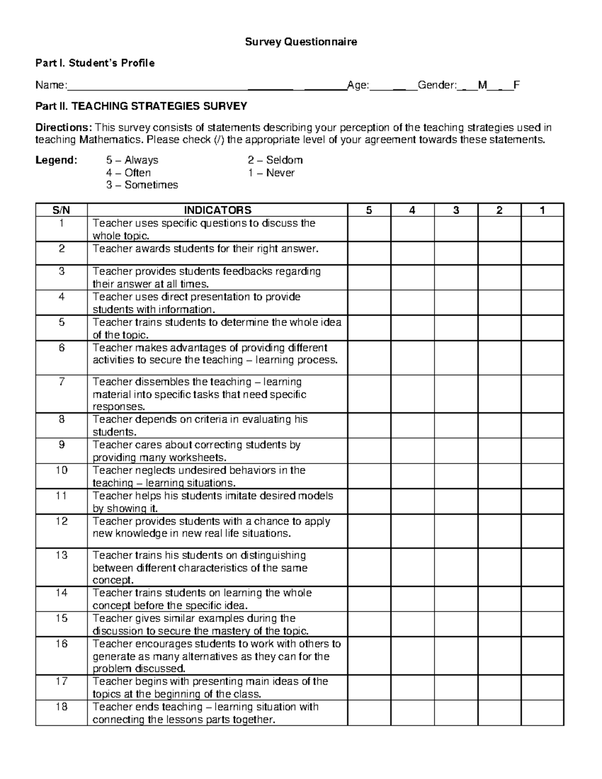Survey Questionnaire on Teaching Strategies and Engagement in Math ...