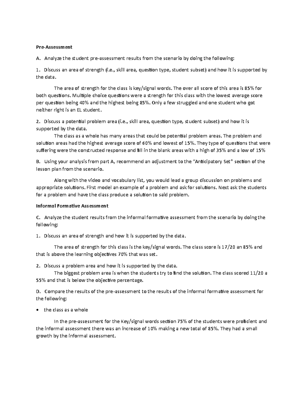 D093 Task 2 - task 2 passed - Pre-Assessment A. Analyze the student pre-assessment results from ...