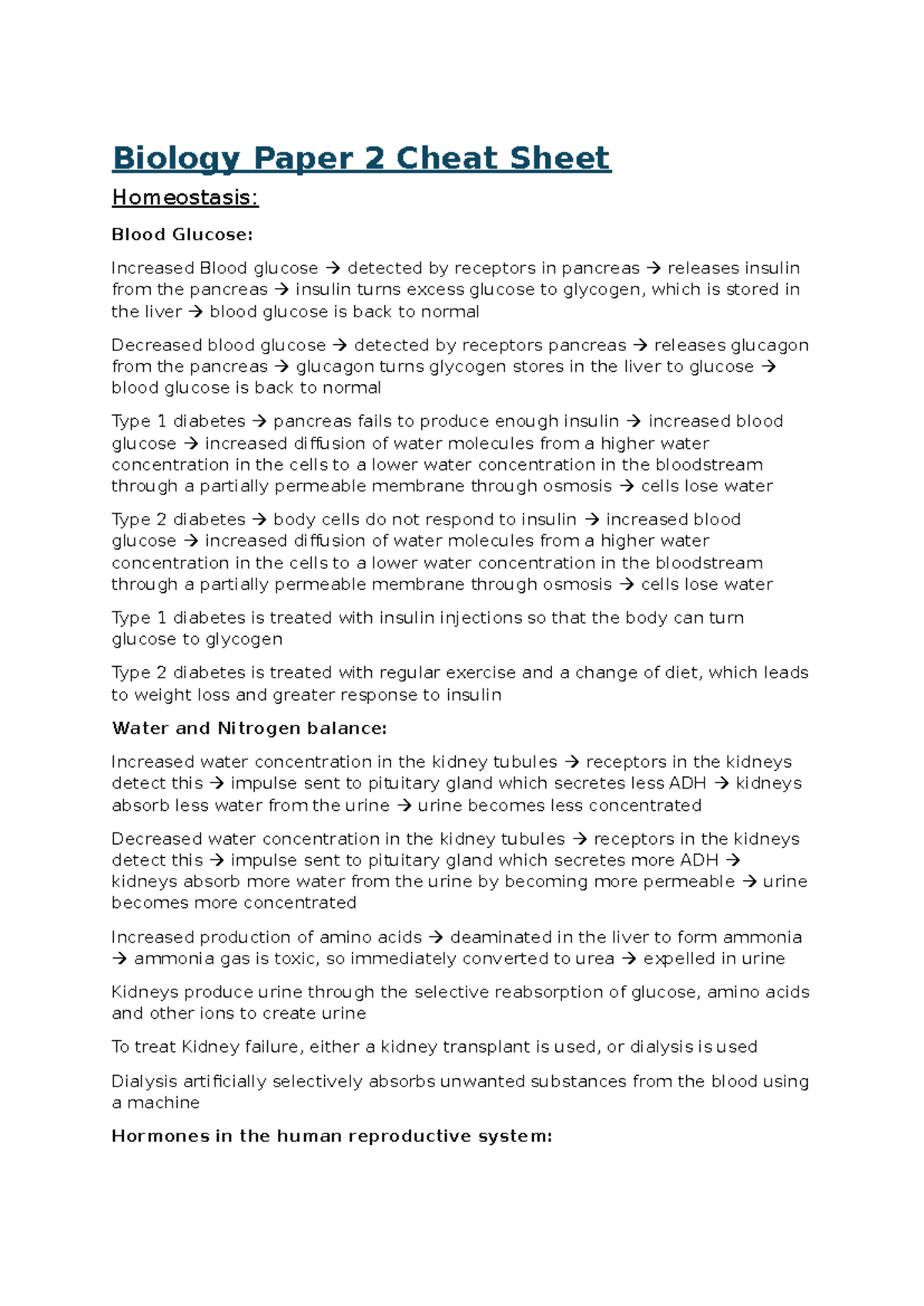 Biology Paper 2 Final Exam Cheat Sheet: Homeostasis & Inheritance - Studocu