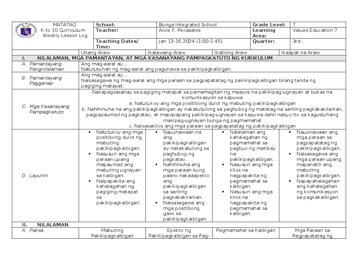 Values Education 7 WEEK 3 Lesson Plan - MATATAG DLL - Studocu
