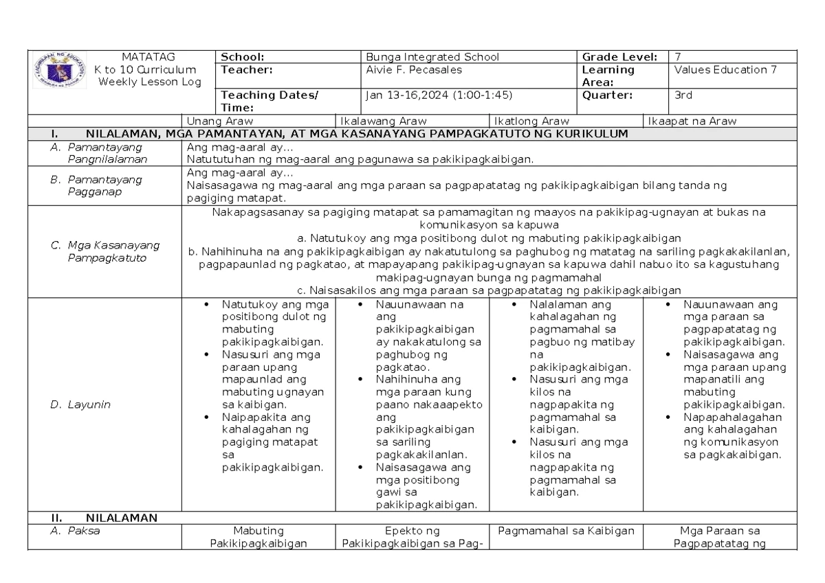 DLL WEEK 4 Values Education 7 - MATATAG Lesson Plan Overview - Studocu