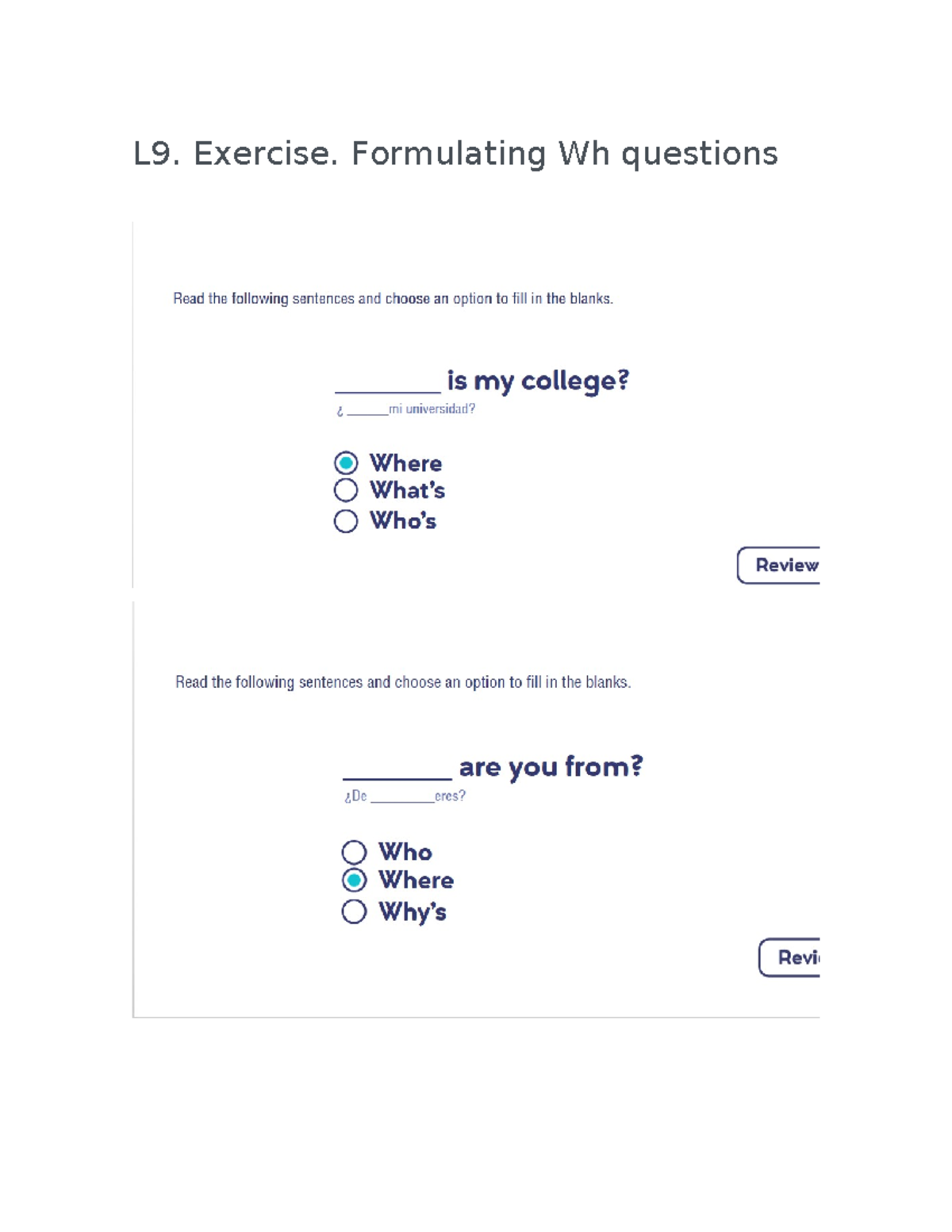 L9. Wh-Questions Exercise: Fill in the Blanks Practice - Studocu