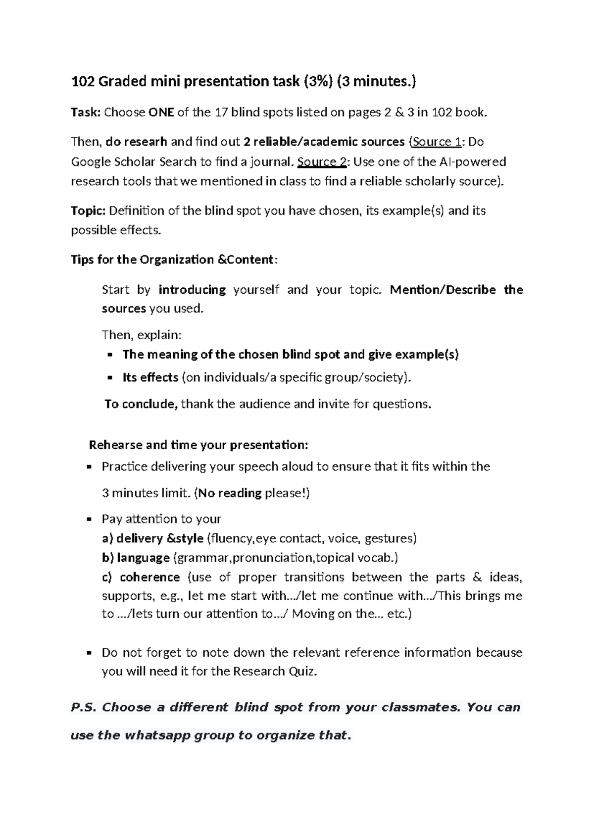 102-26 Graded Mini Presentation Task on Blind Spots - Studocu