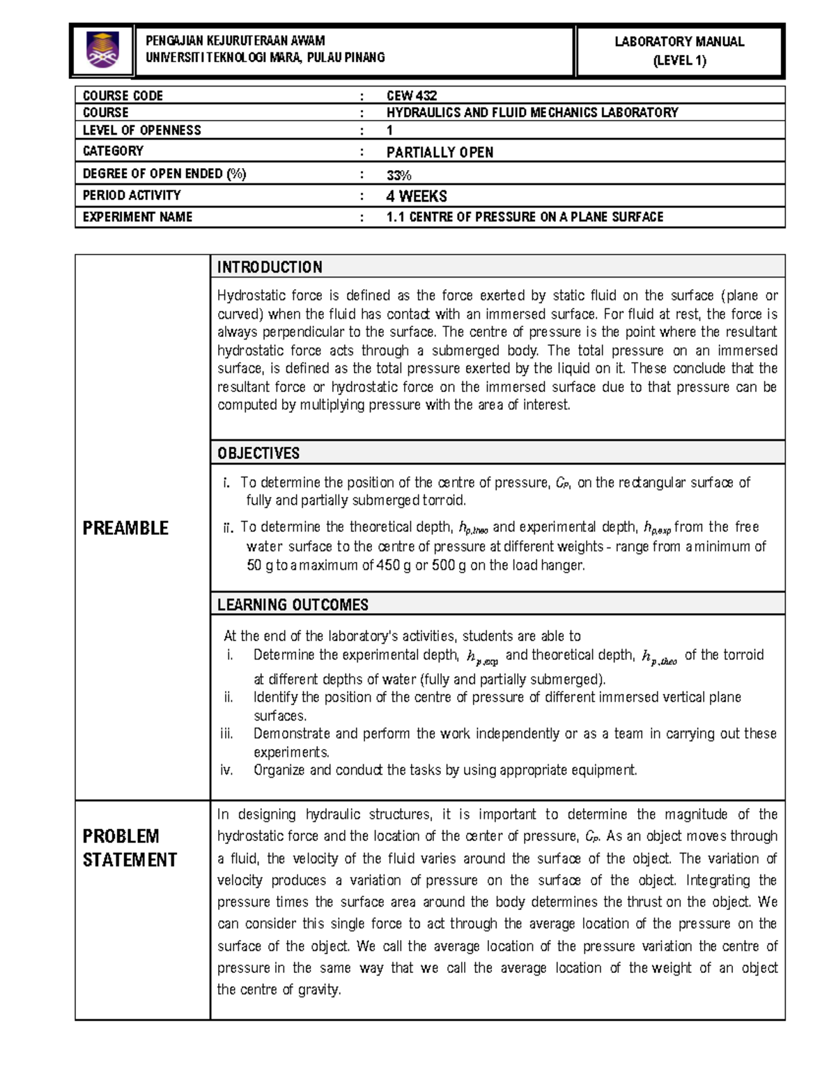 CEW 432 Hydraulics & Fluid Mechanics Lab 1: Centre of Pressure ...