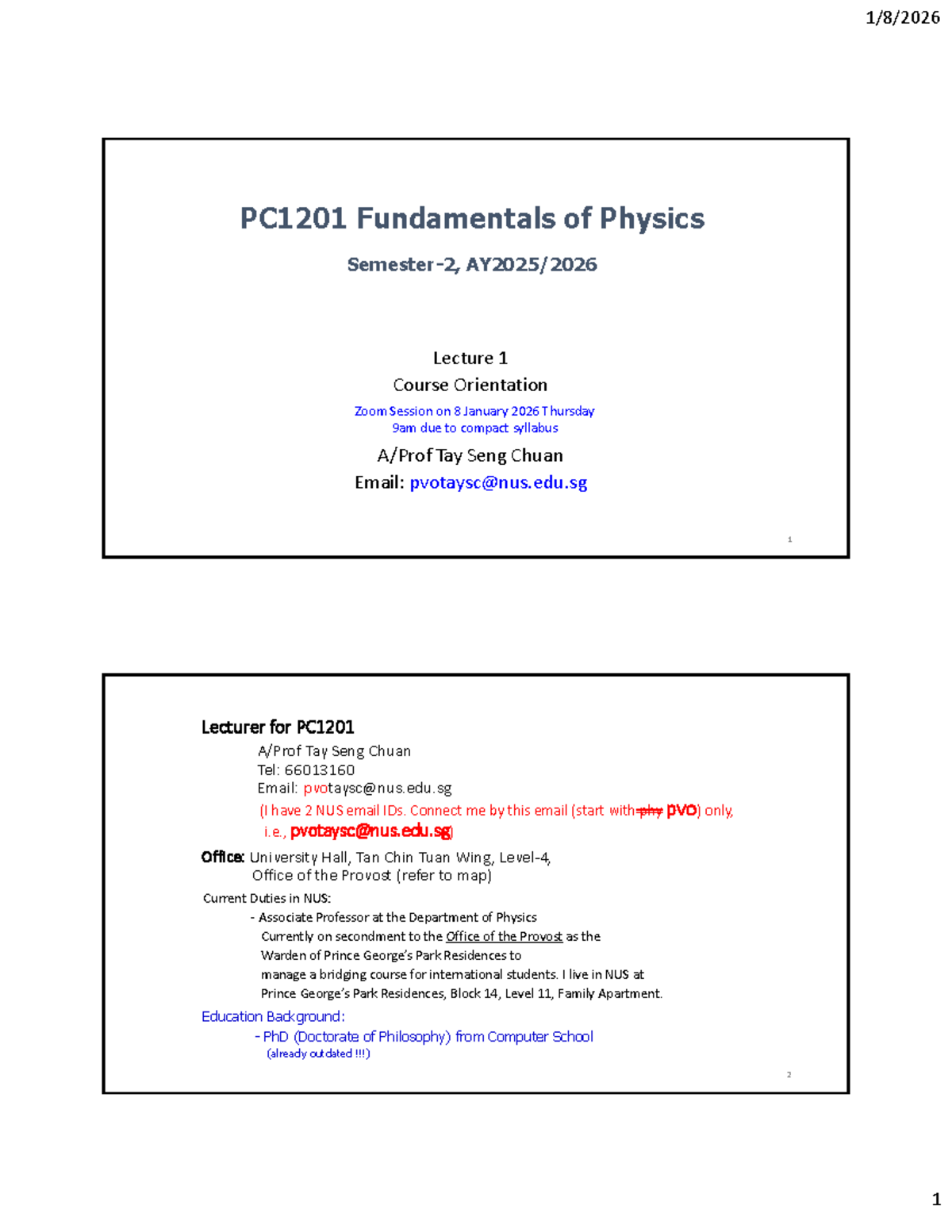 PC1201 Fundamentals of Physics Lecture 1a: Intro & Course Overview ...