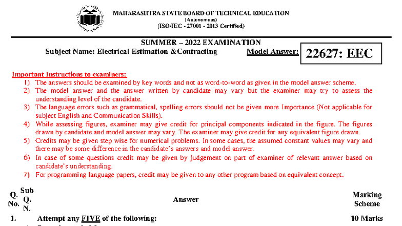 22627: EEC Summer 2022 Model Answers for Electrical Estimation Exam ...