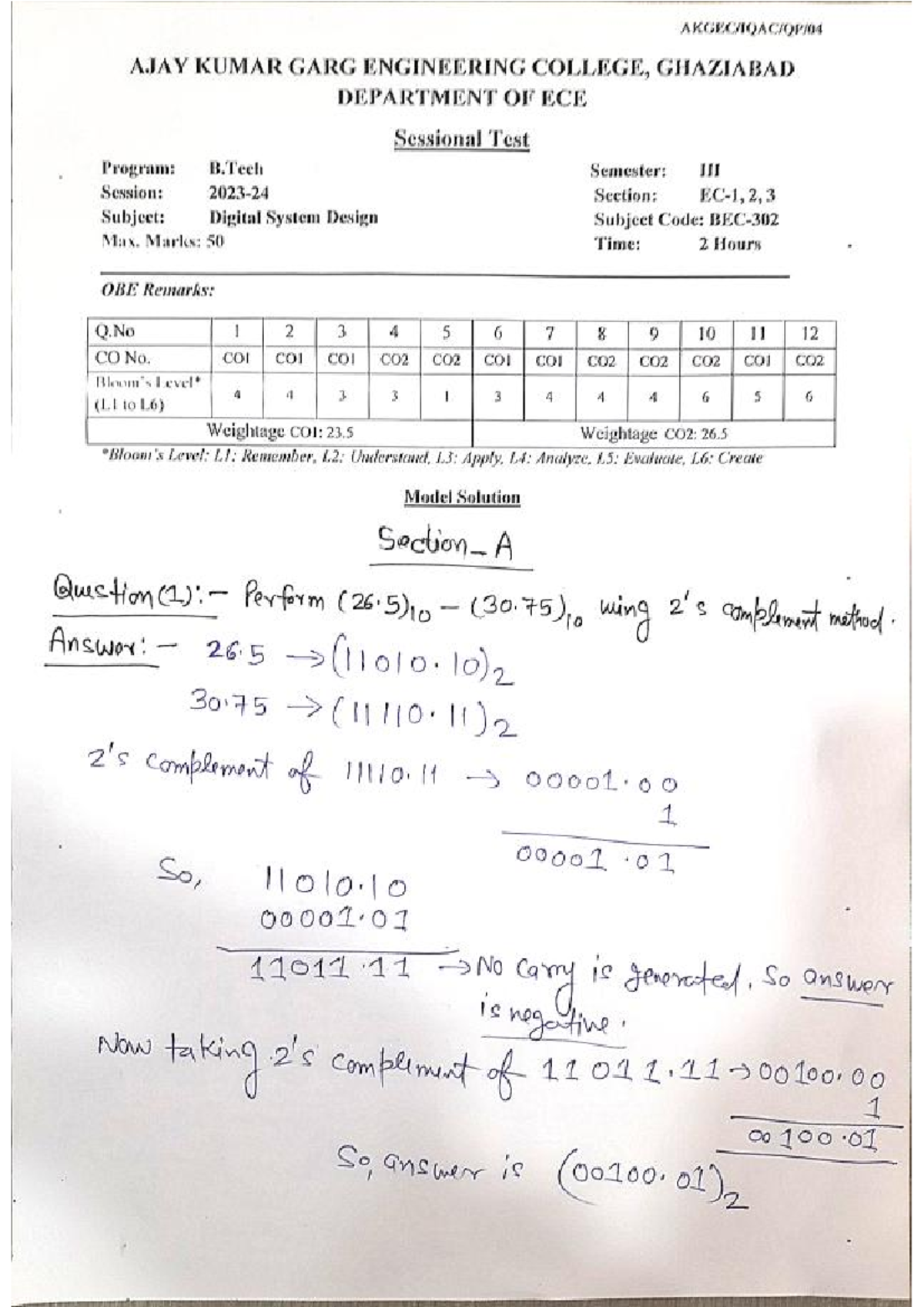DSD ST Solution for BEC-302: Digital System Design Sessional Test - Studocu