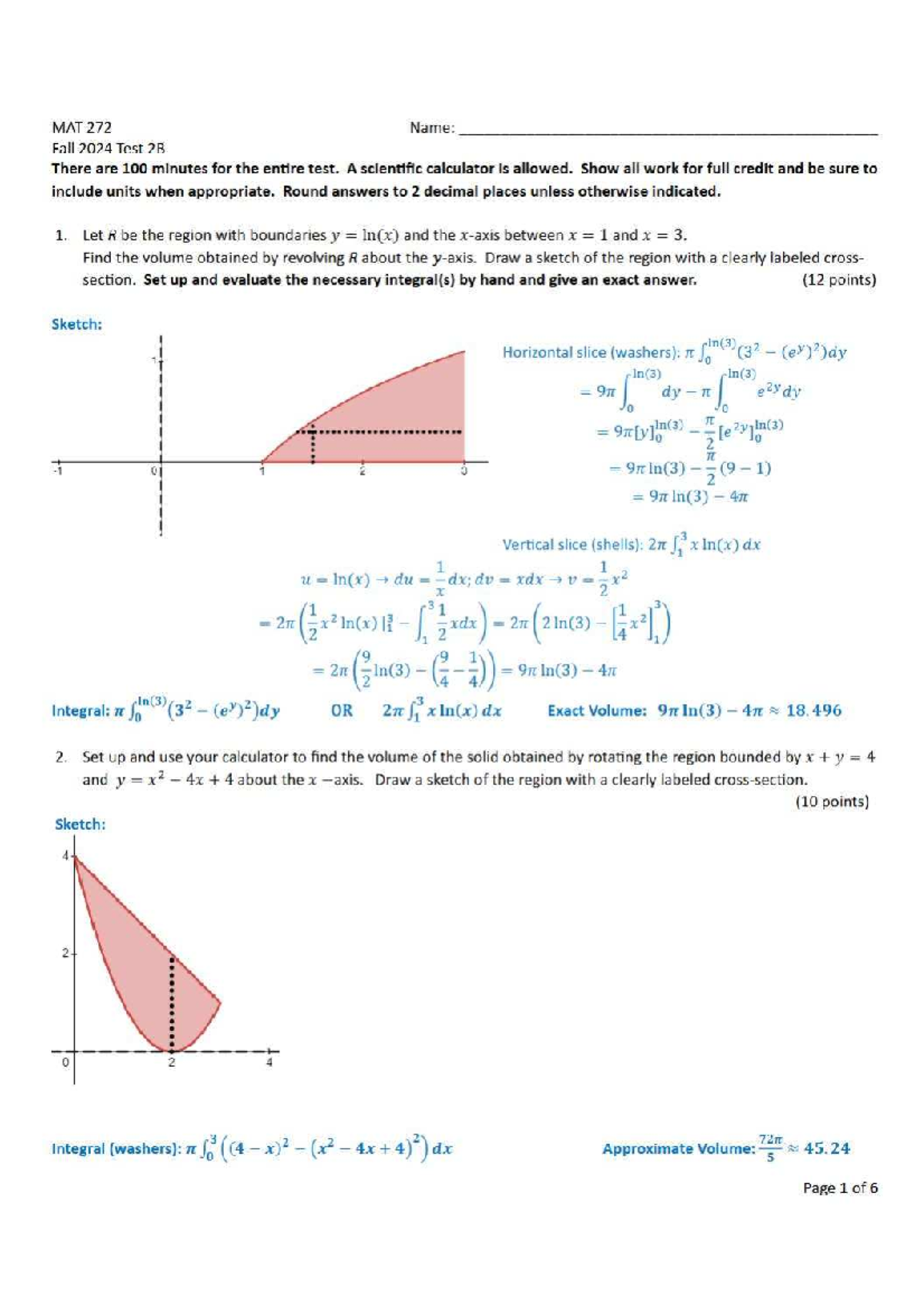 MAT 272 Fall 2024 Test 2B: Volume & Work Calculations in Calculus - Studocu